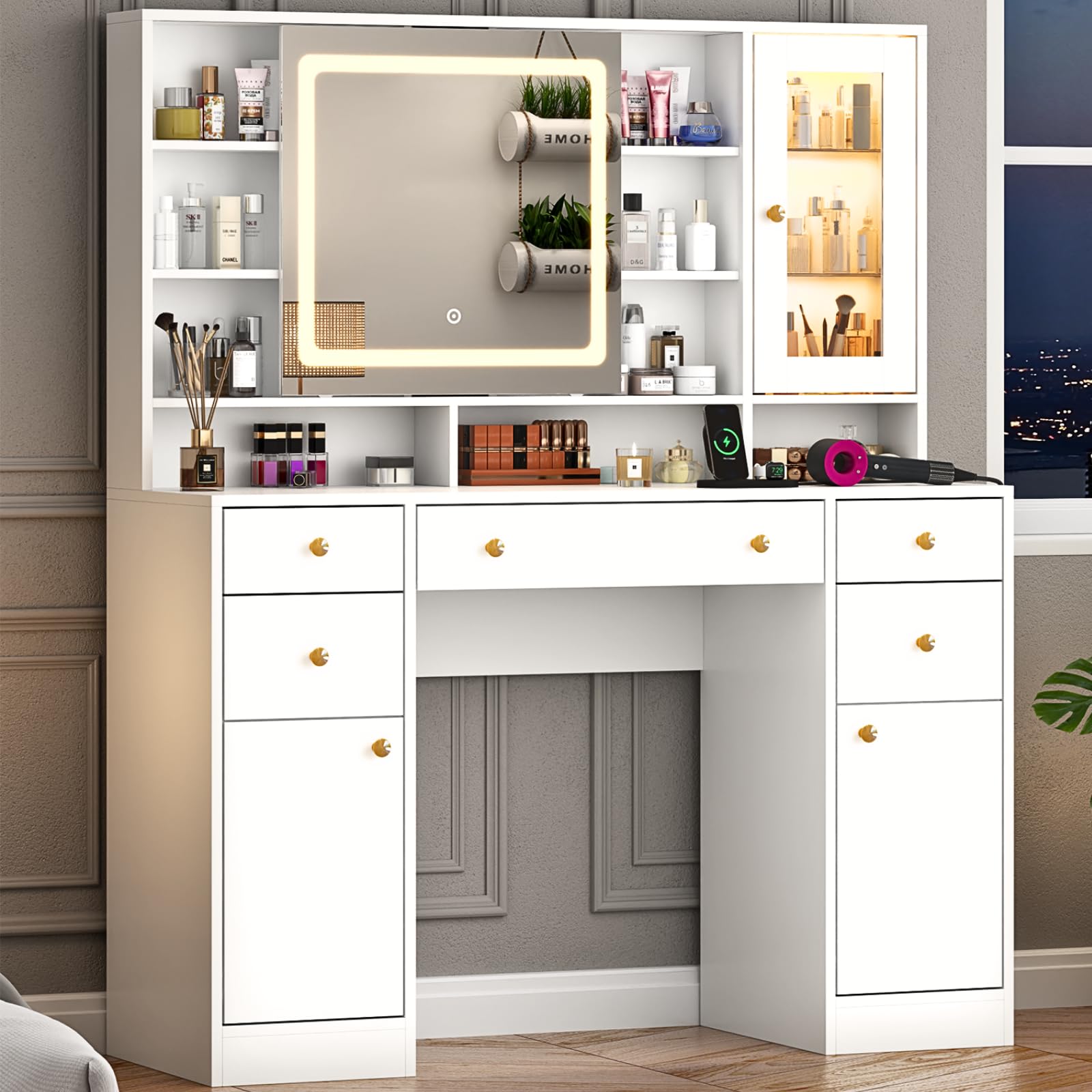 Amazon.com: White Vanity Desk with Lighted Mirror & Charging Station ...