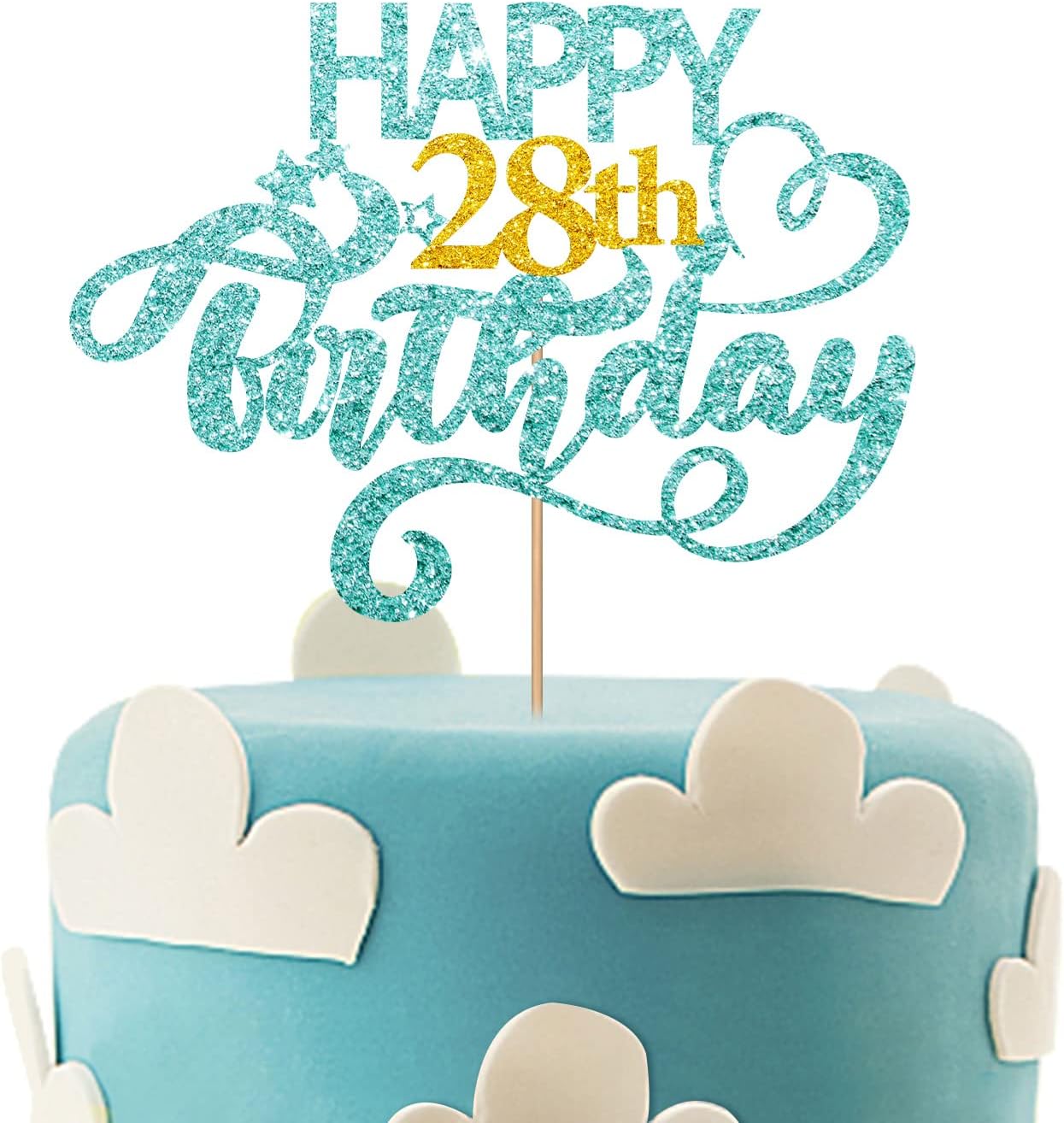 Amazon.com: Sky Blue Glitter Happy 28th Birthday Cake Topper, Twenty ...