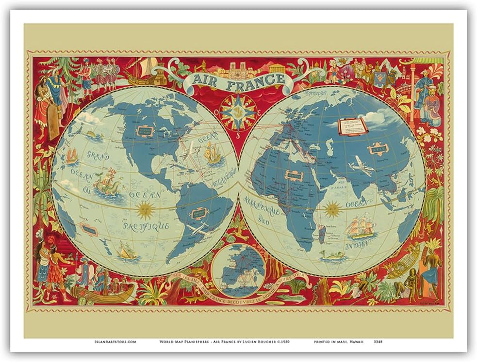 Amazon.com - World Map Planisphere - France - Vintage Airline Travel ...