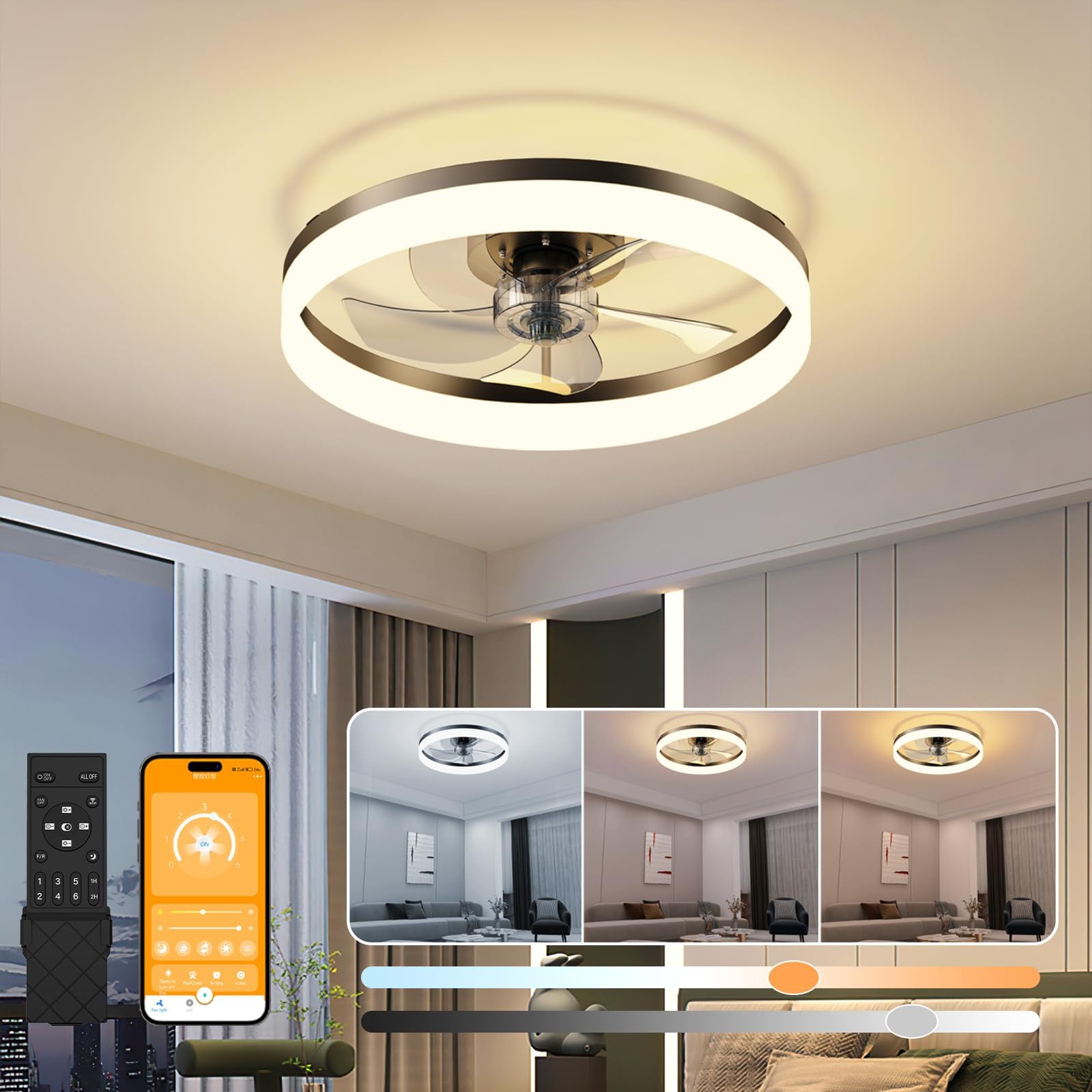 STERREN 20'' Modern Low Profile Ceiling Fan with Light, Bedroom LED ...