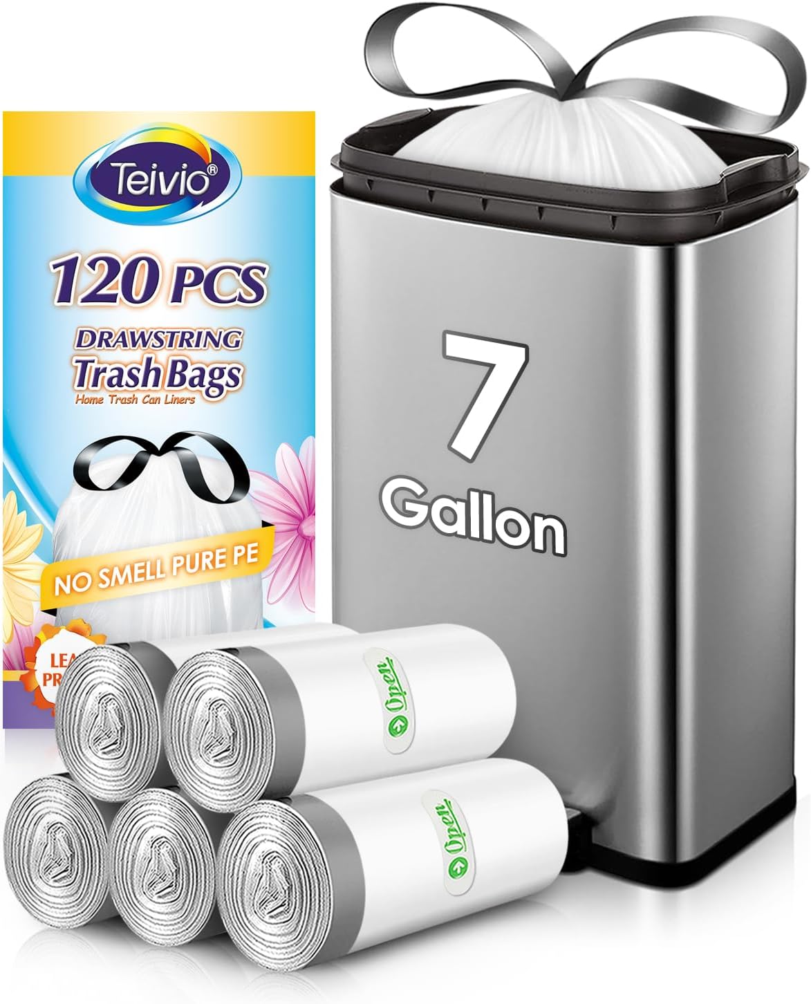 Amazon.com: Teivio 7 Gallon 120 Counts Strong Drawstring Trash Bags ...