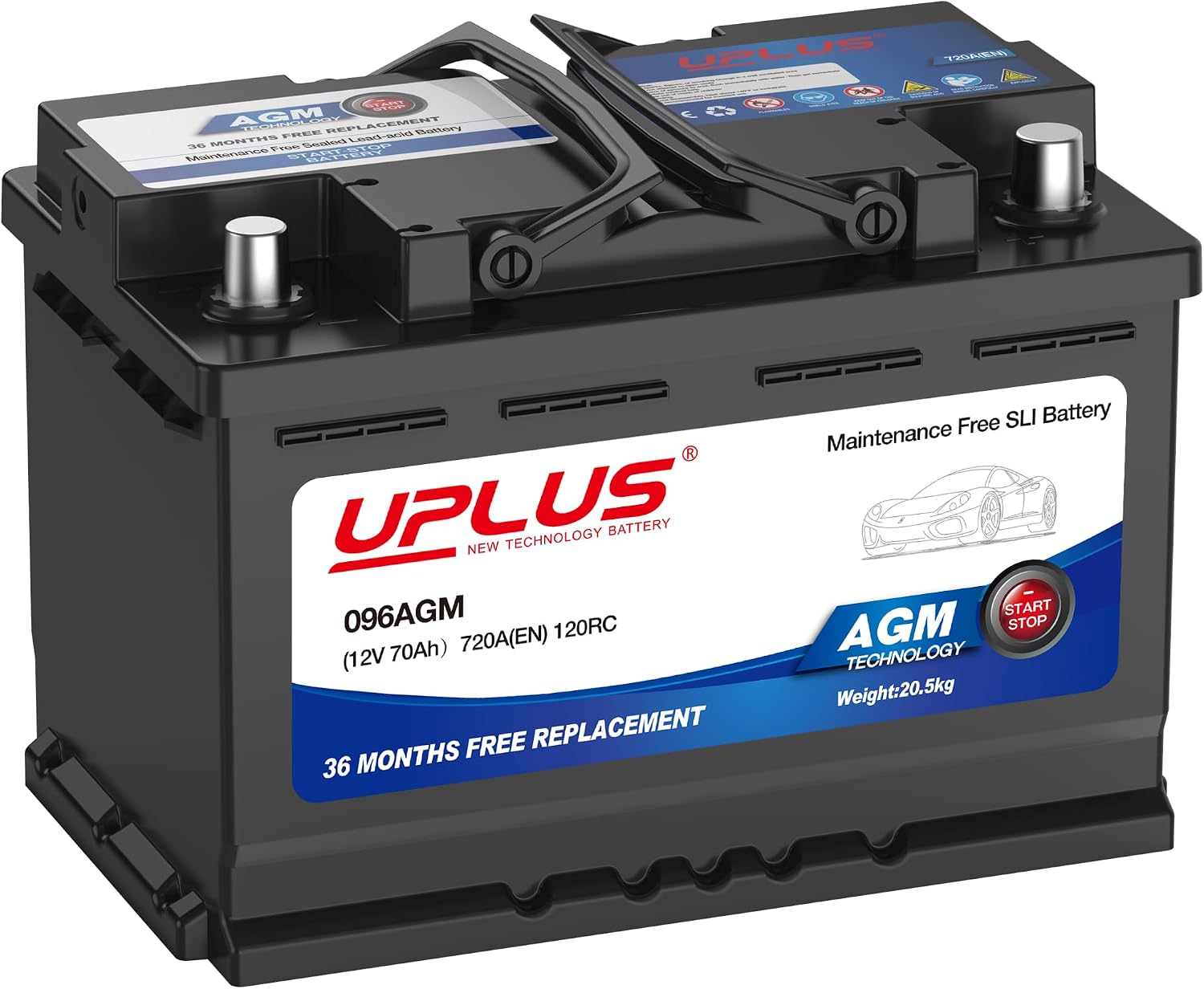UPLUS 096AGM Car Battery, 12V 70Ah Maintenance Free Automotive Start ...