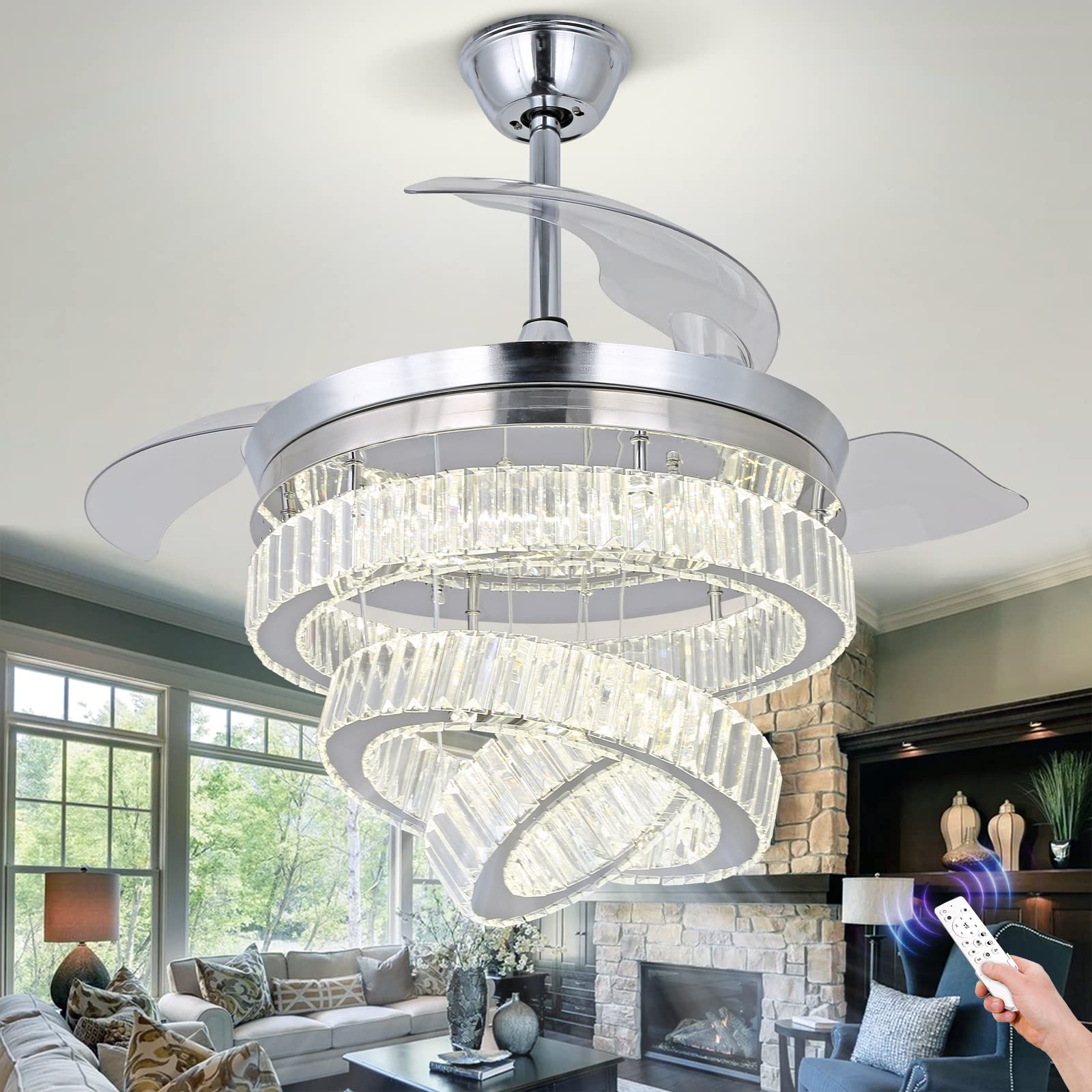 CXGLEAMING 42? Modern Crystal Chandelier Ceiling Fans,LED Dimmable ...