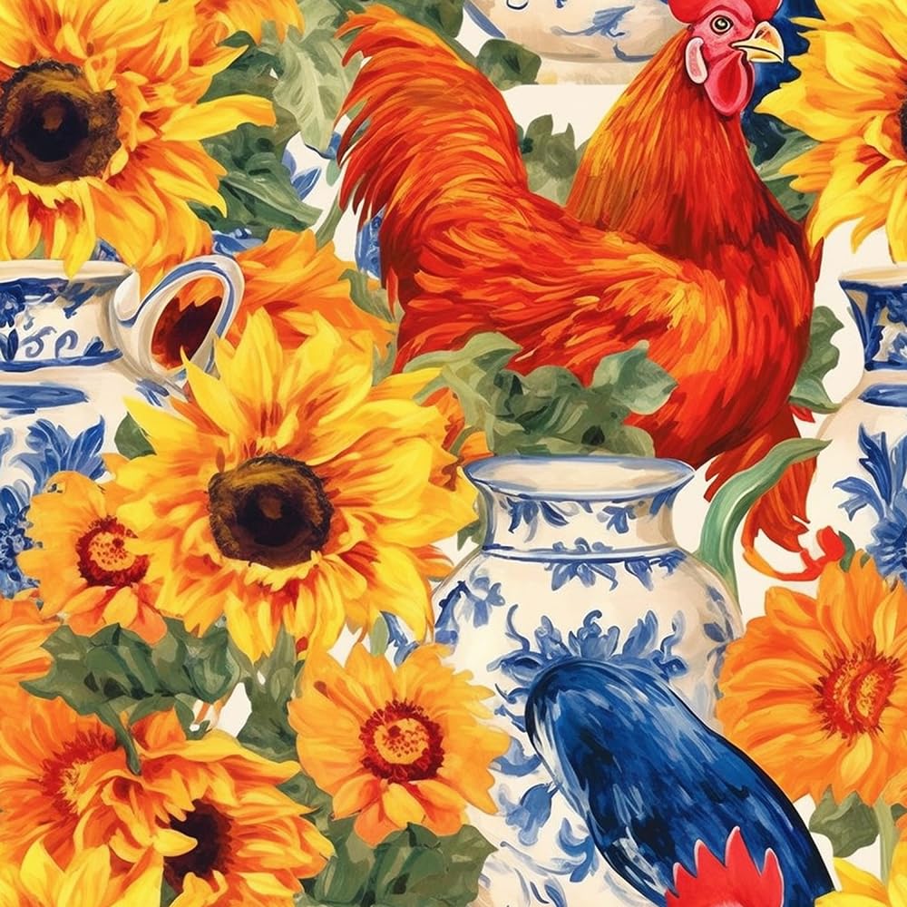HEISIG 18"x236" Wild Rooster Chicken Sunflower Peel and Stick Wallpaper ...