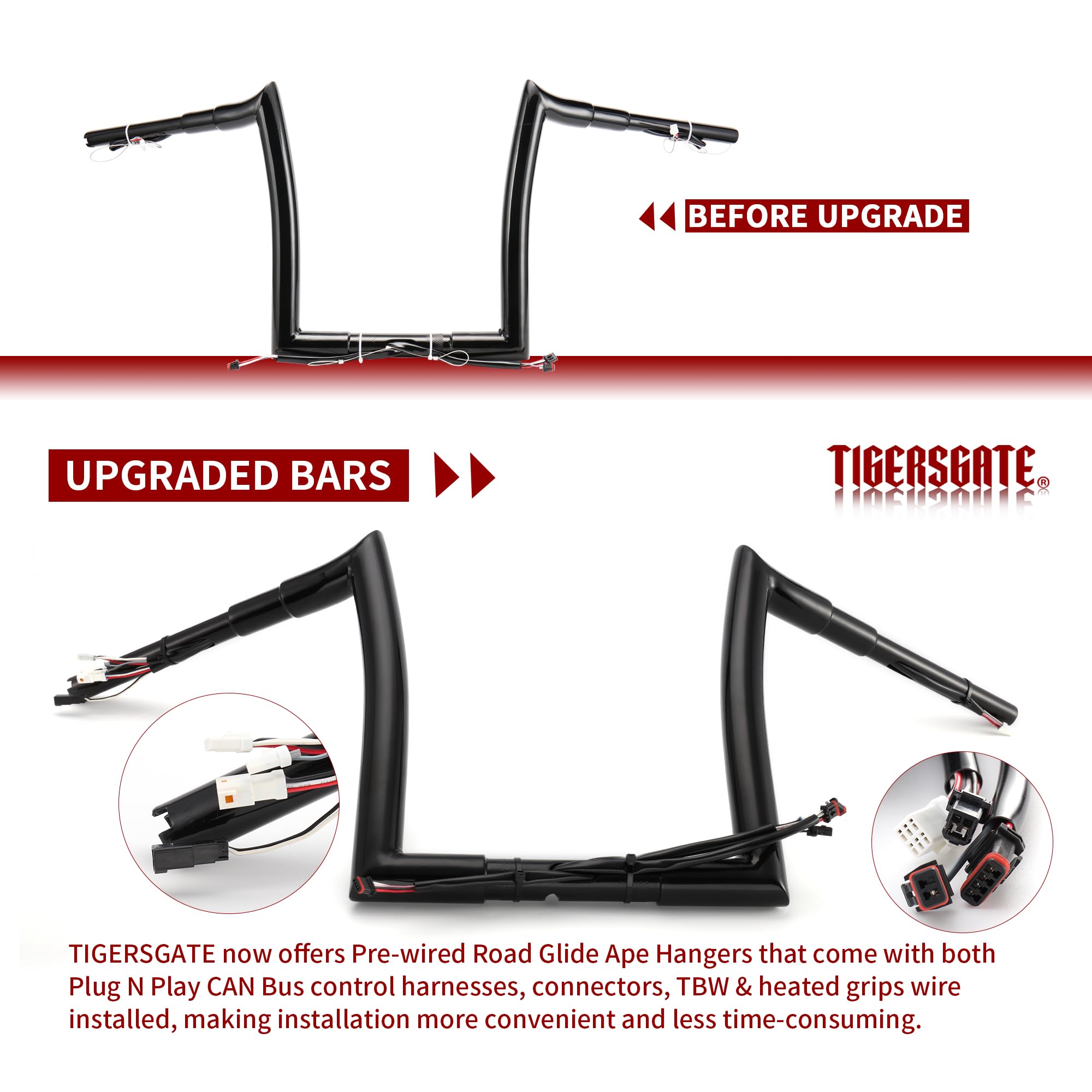 TIGERSGATE Black PREWIRED 1.5" Fat Ape Hanger Handlebar 14" Rise ...