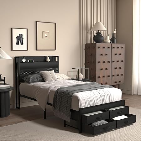 Amazon.com: Klwenas Maec Black Twin Size Bed Frame with 4 Storage ...
