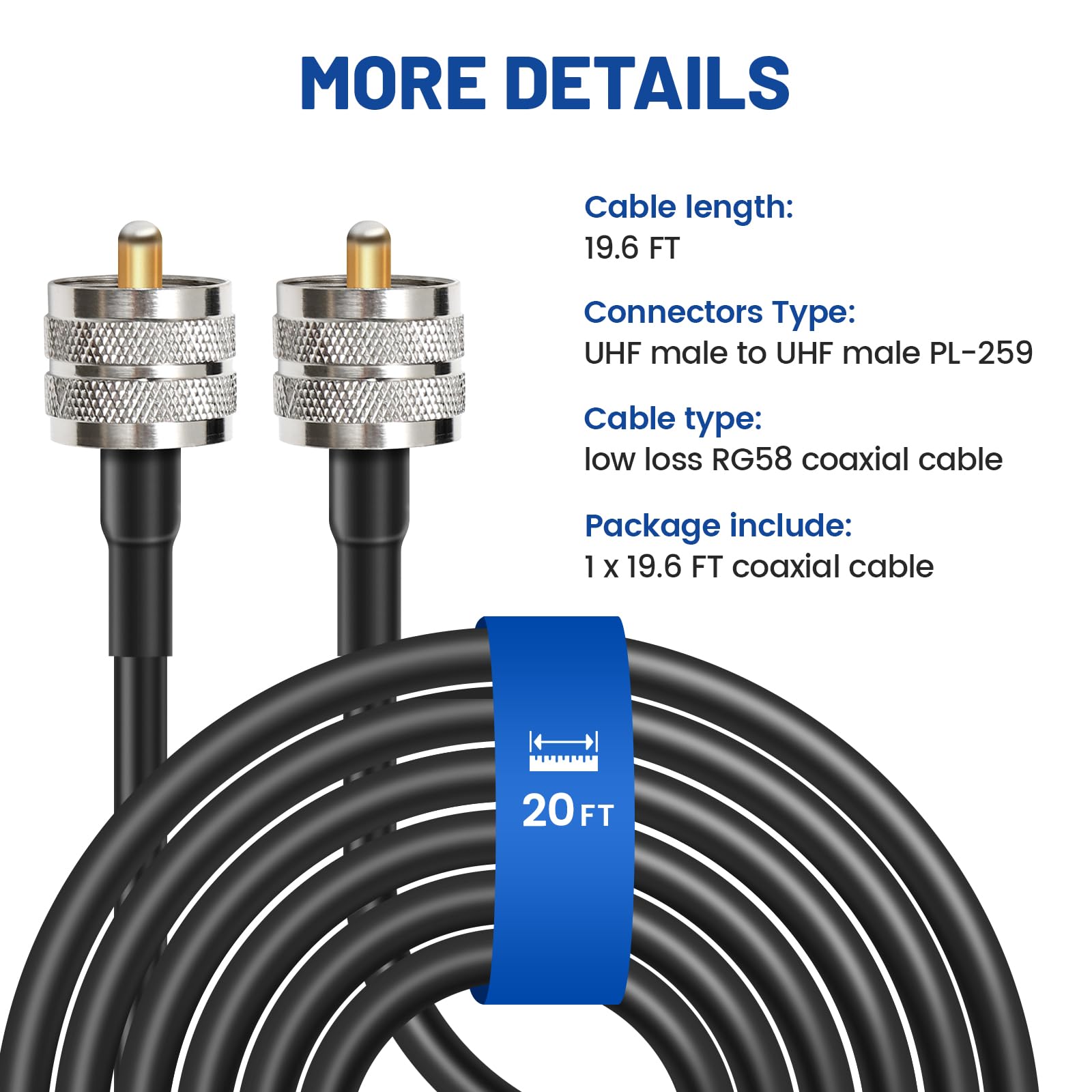 Snapklik.com : Anina CB Coax Cable 20FT RG58 PL259 UHF Male To UHF Male ...