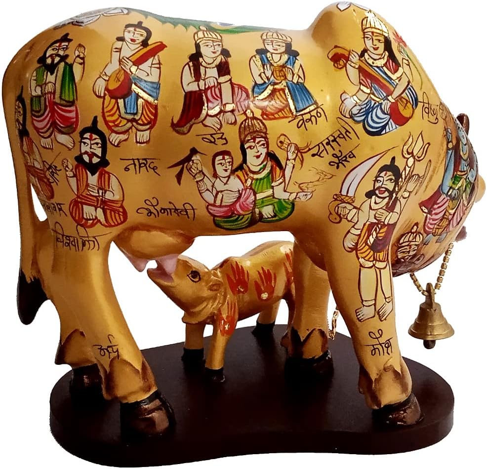 Purpledip Resin Idol Kamdhenu Wish Cow & Calf: Hindu Gods Painted Good ...