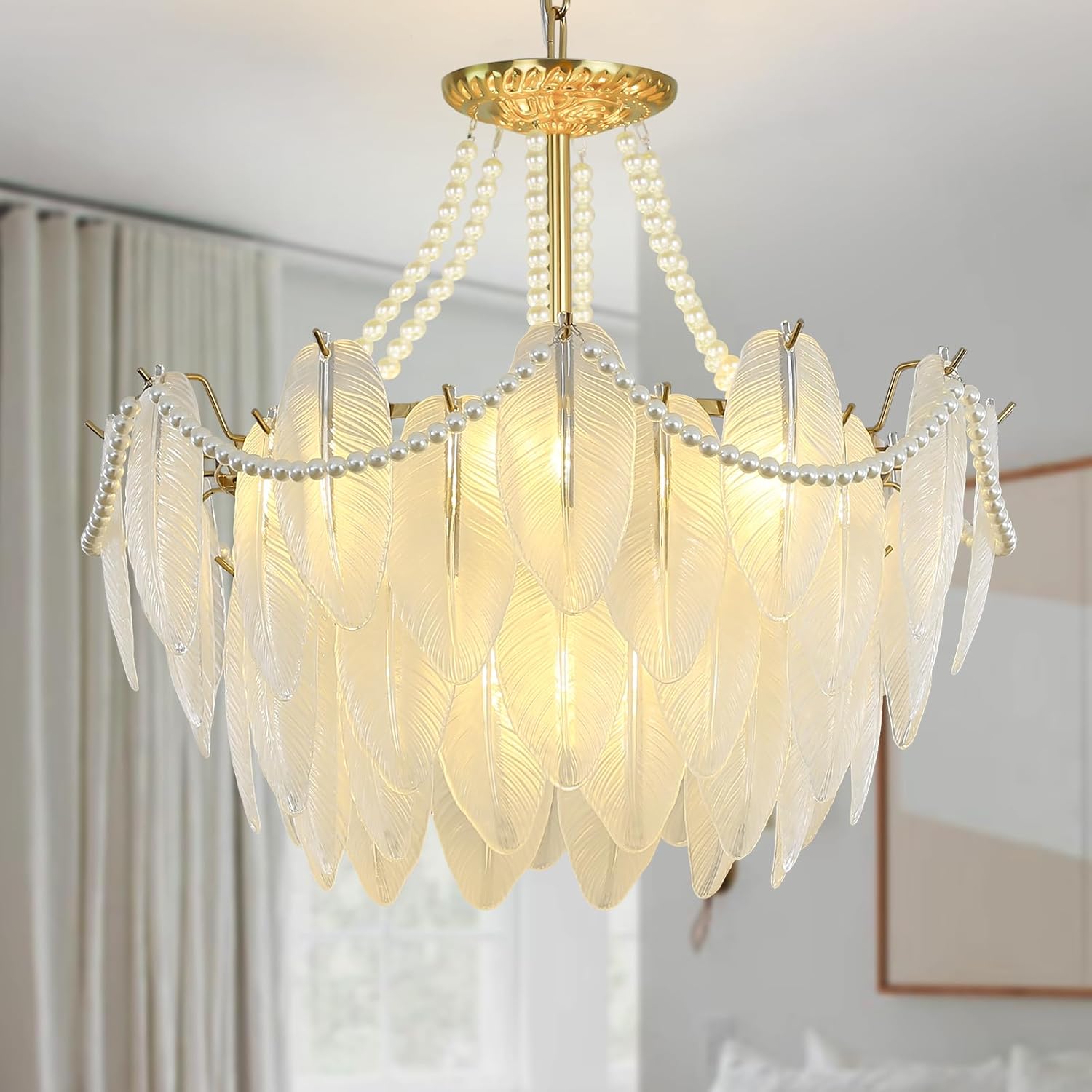 Wansi Shine 9-Light Gold Chandelier Light Fixture, 4-Tier Feather Pearl ...