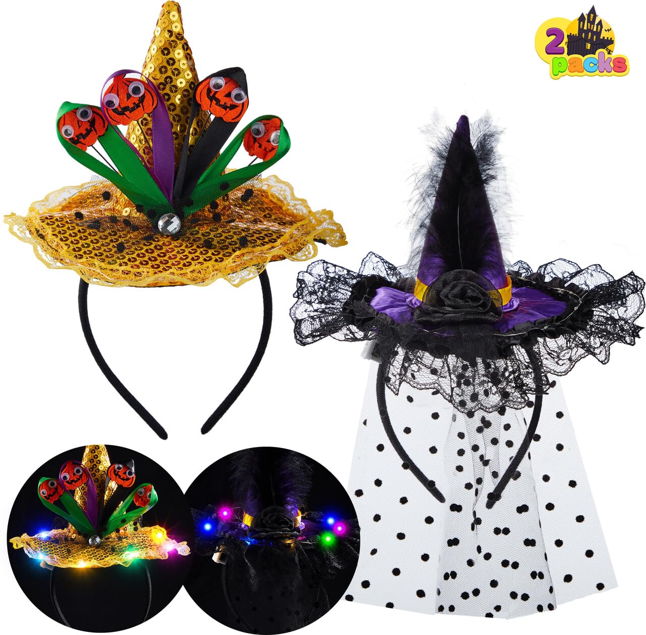 JOYIN 2 Pcs Halloween LED Headbands Light Up Witch Hat Headband ...