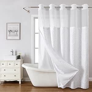 Amazon.com: eachope White No Hook Shower Curtain with Fabric snap in Liner Set, Boho Tufted ...