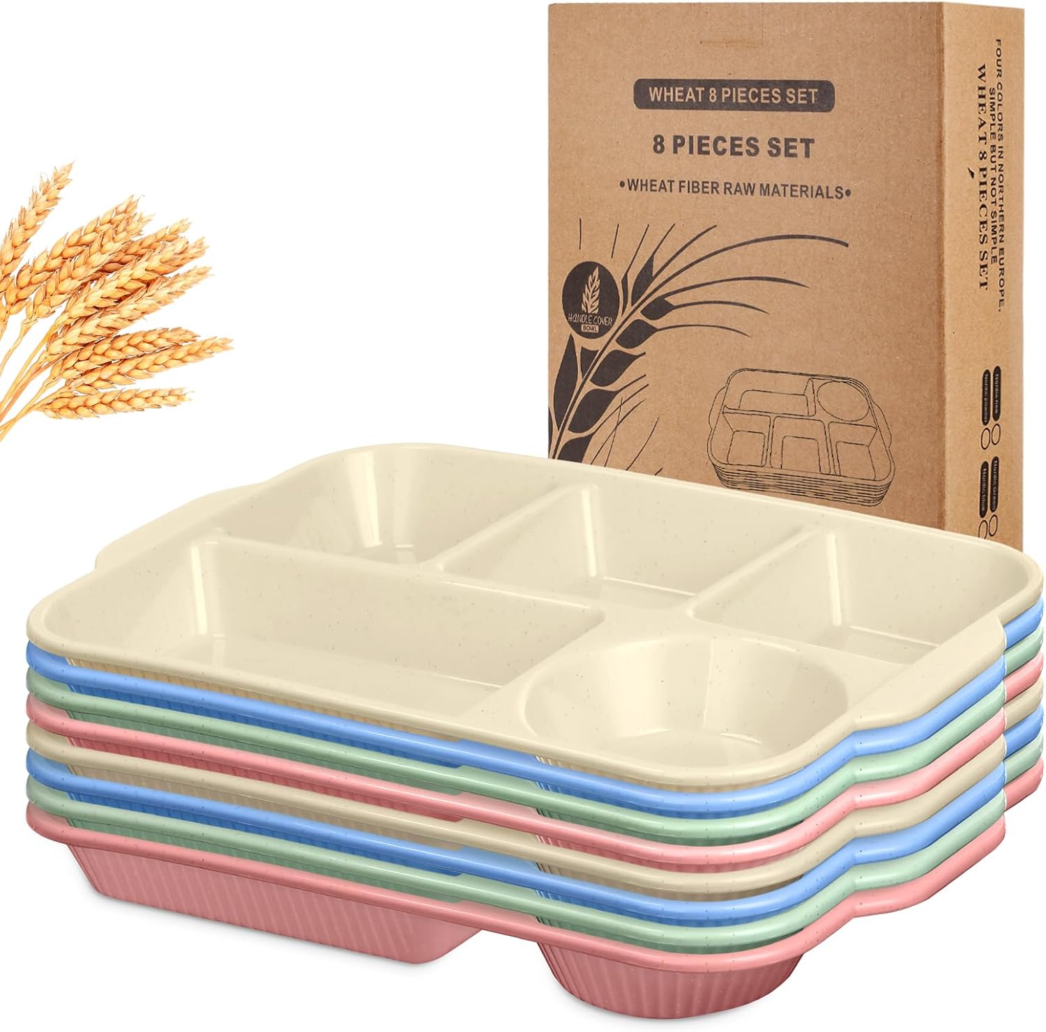 Amazon.com | Pinkunn 8 Pcs 13'' Large Divided Plates Unbreakable Wheat ...
