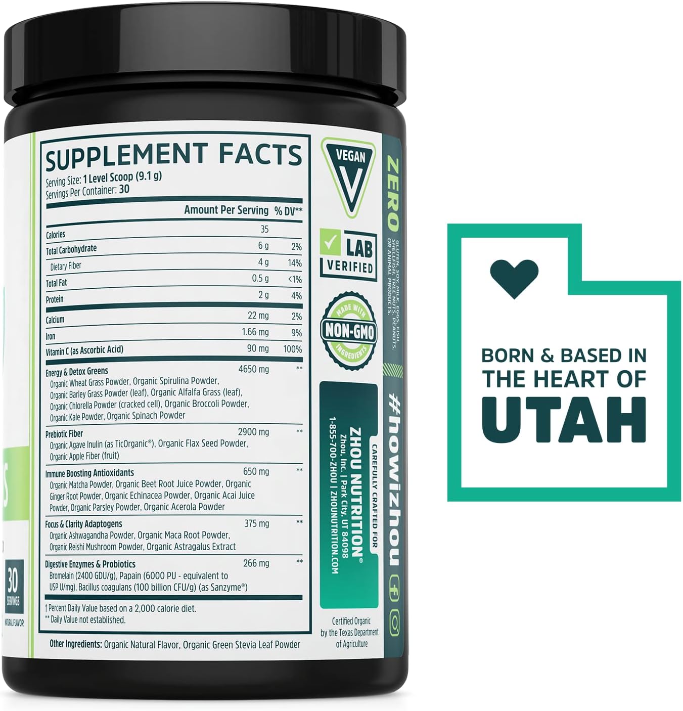 Zhou Deep Greens Organic Morning Complete Prebiotic Probiotic Powder ...