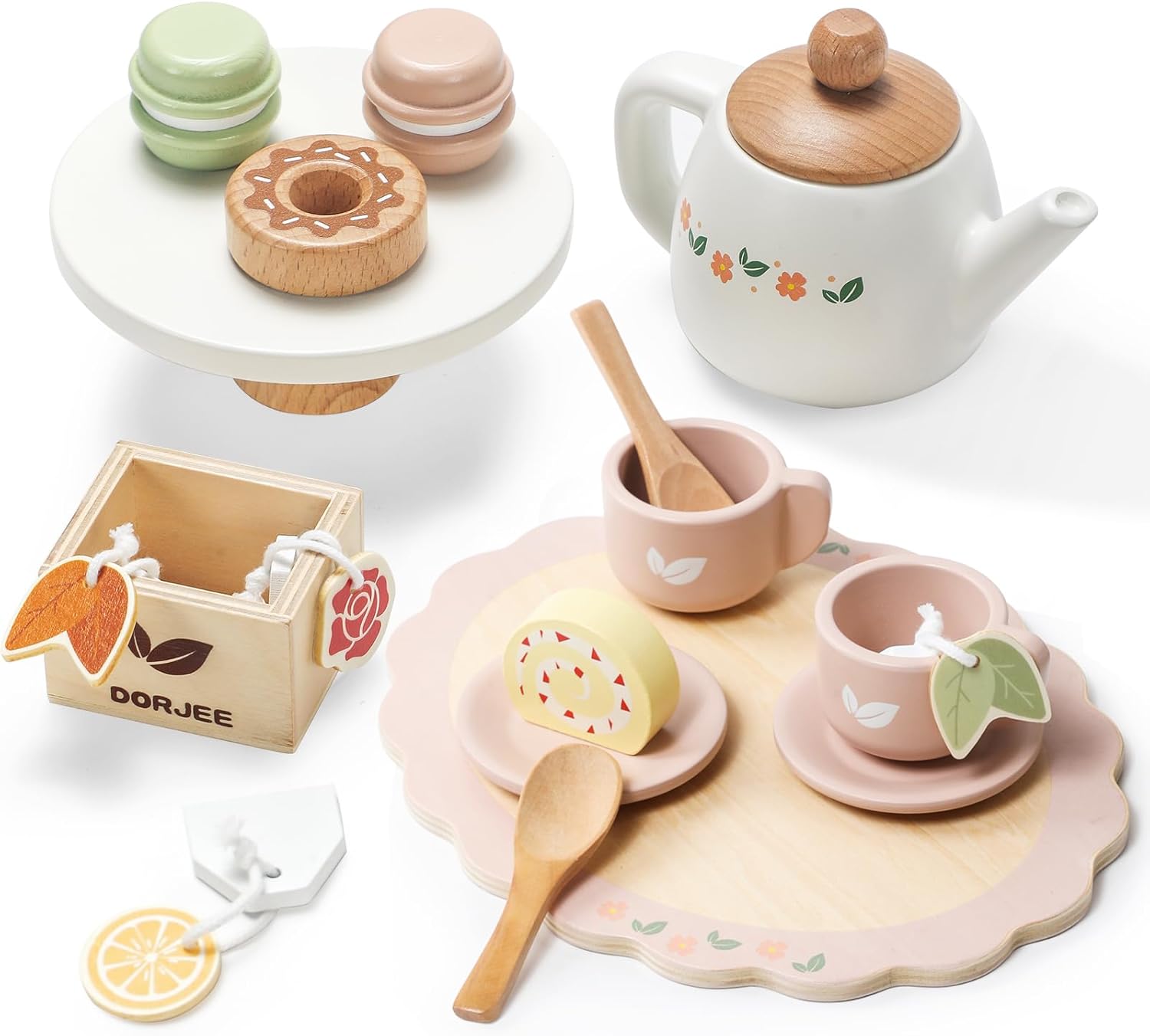 Amazon.com: Dorjee Wooden Tea Set for Little Girls, Wooden Toys Toddler ...