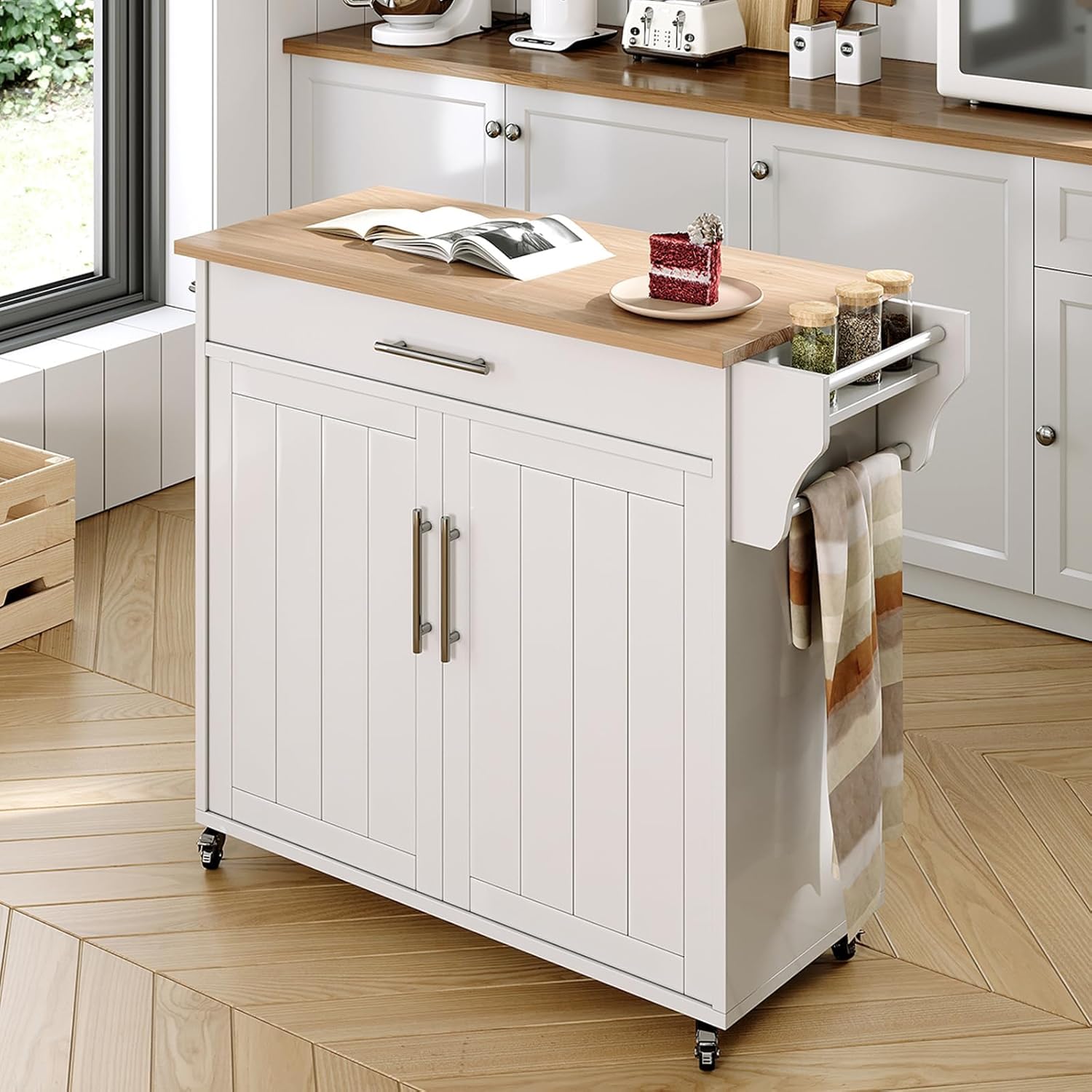 Amazon.com: Kitchen Storage Island, Wooden Rolling Kitchen Island On ...