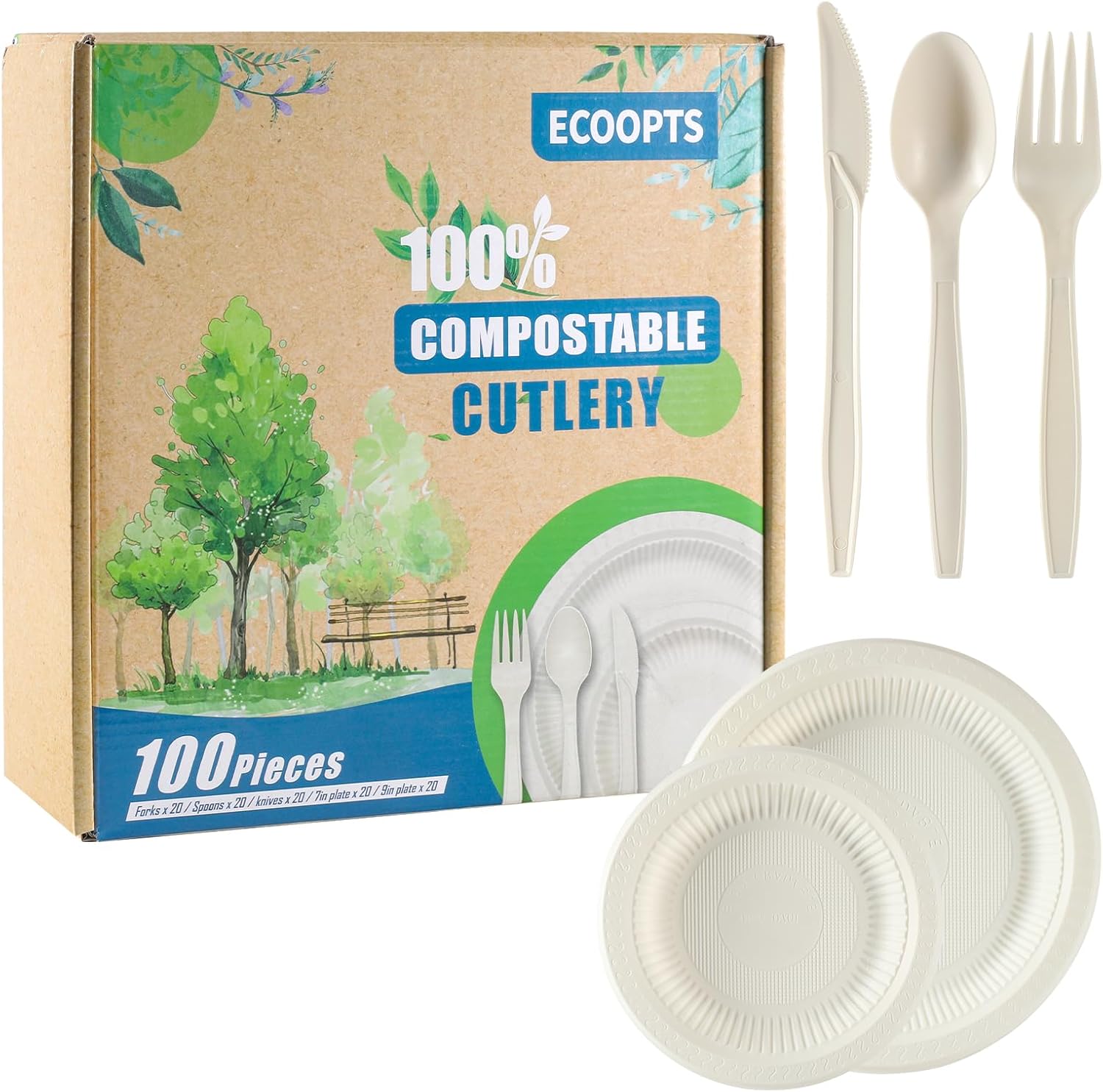 Amazon.com: ECOOPTS 100 Pcs Disposable 100% Compostable Plates Set ...