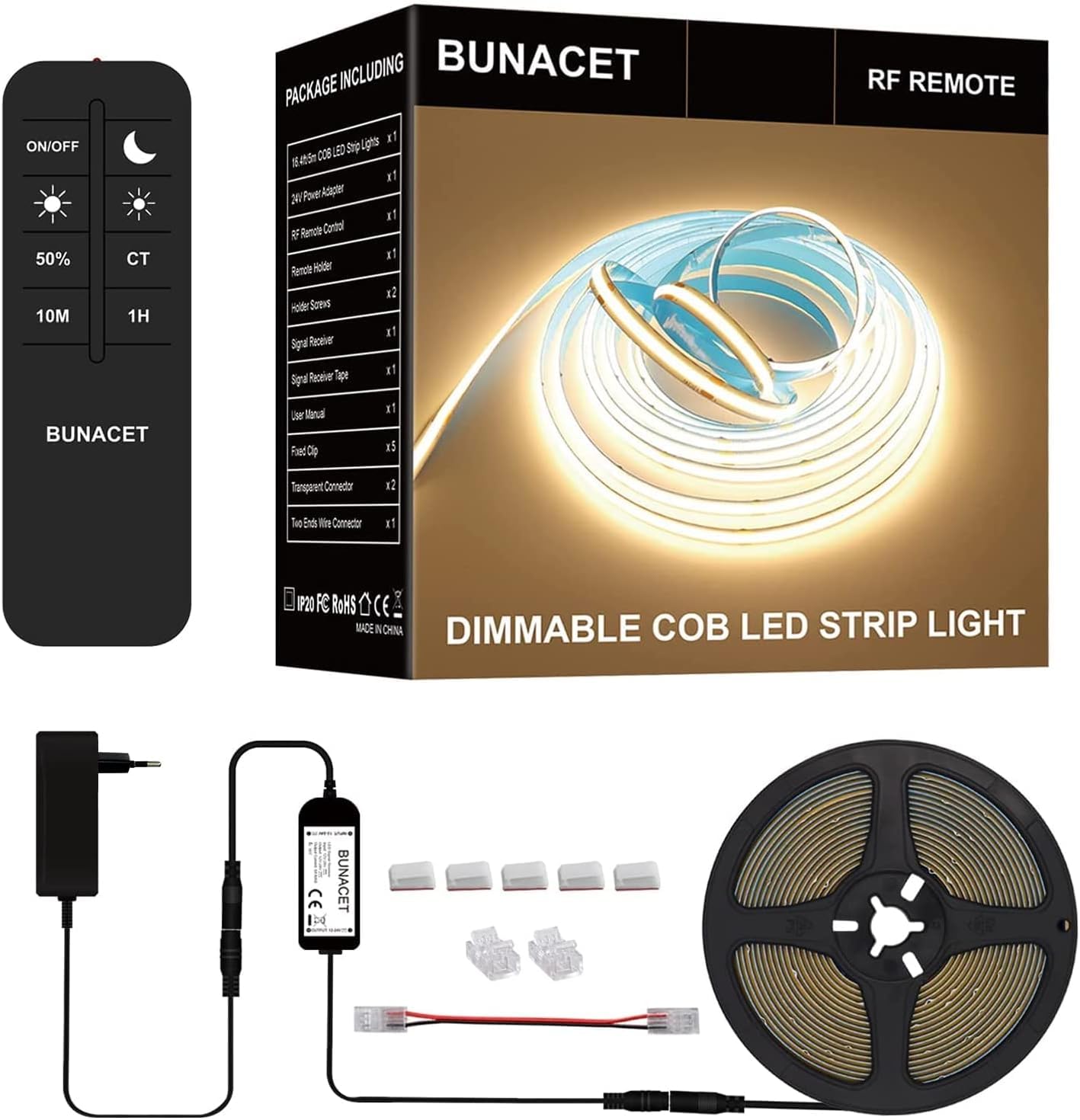BUNACET COB LED Strip Streifen 6M 24V Dimmbar Warmweiß 3000K, LED ...