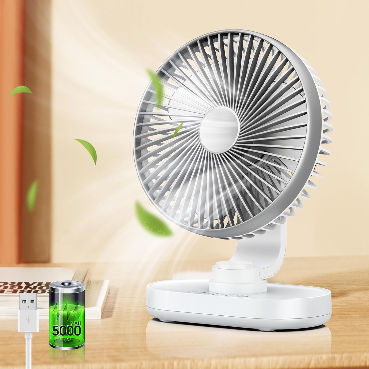 Urmaxs Desk Fan, Quiet Battery Rechargeable Desktop Fan with Strong ...