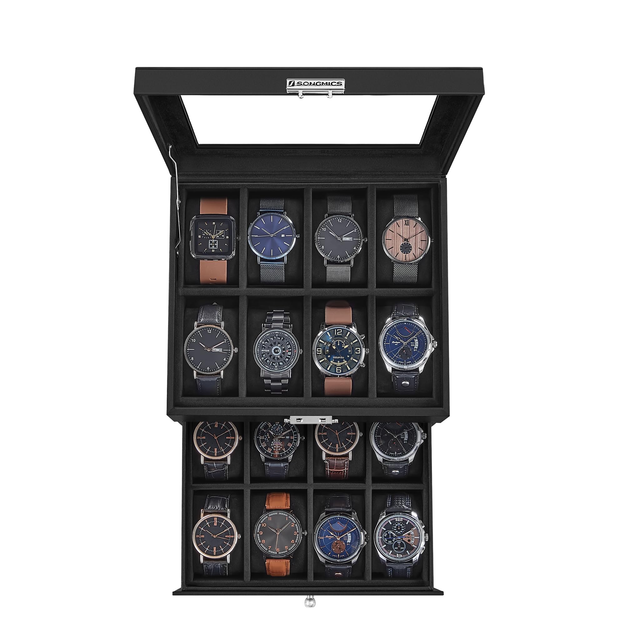 SONGMICS 16-Slot Watch Box, Watch Case with Glass Lid, 2 Layers ...