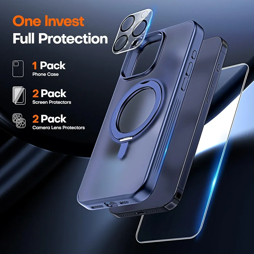 TAURI 360°Rotatable Magnetic Ring for iPhone 15 Pro Case Blue, [Designed for Magsafe] with Stand ...