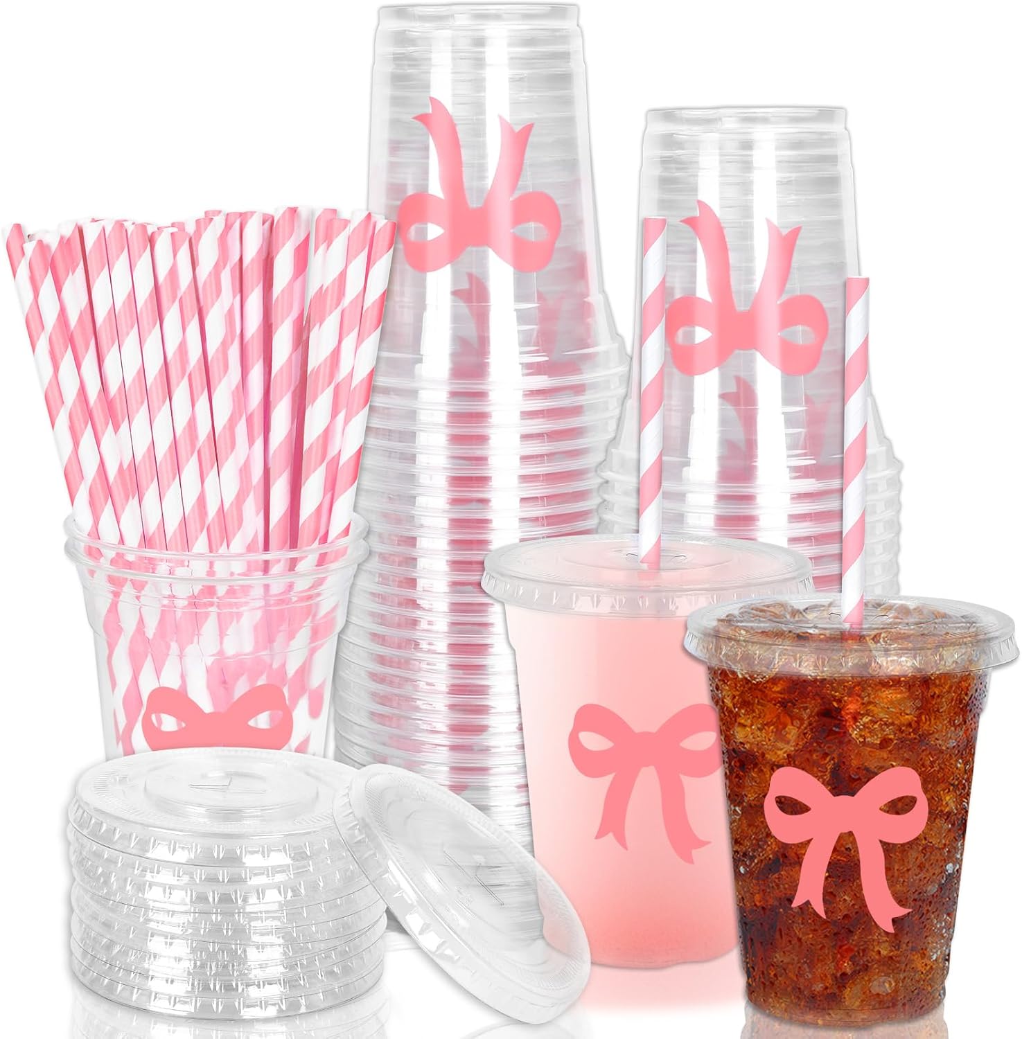 Amazon.com: Whaline 50Pcs Pink Bow Disposable Plastic Cups with Lids ...