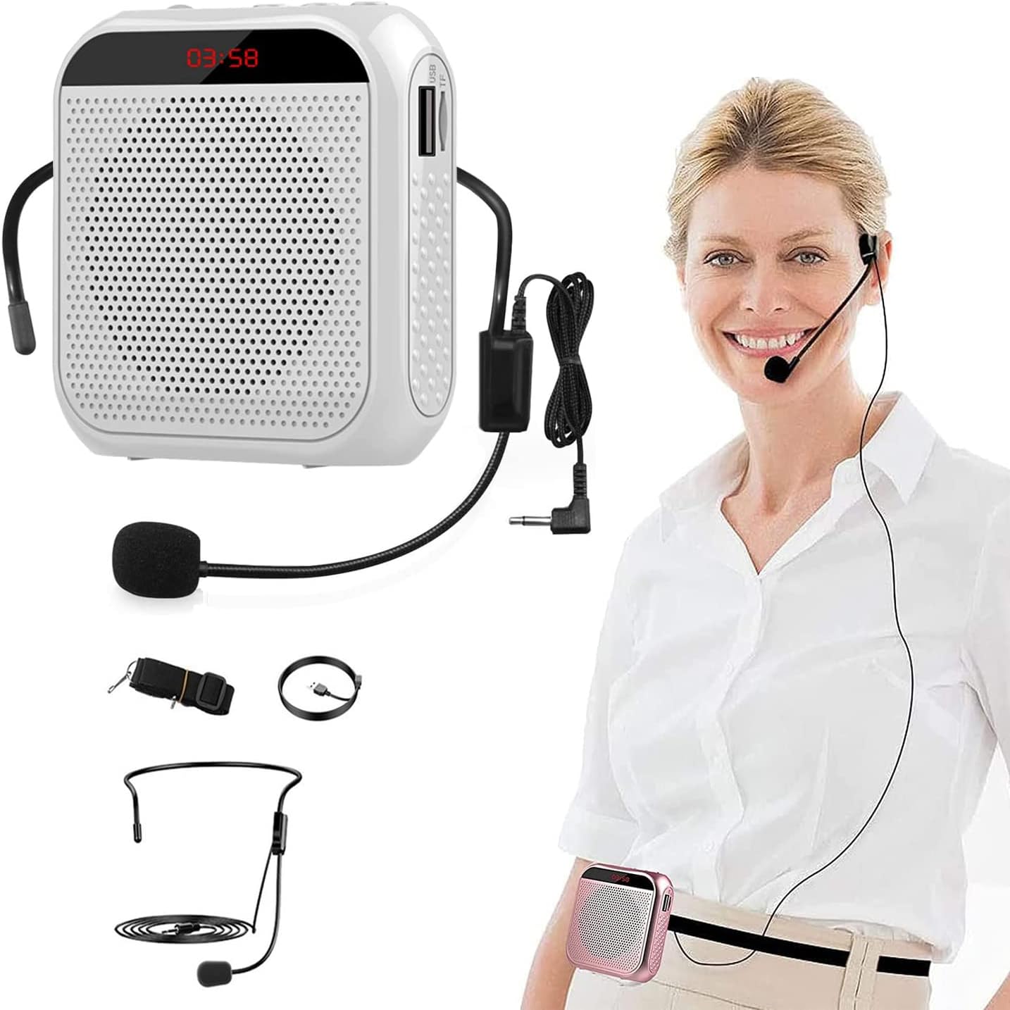 Voice Amplifier with Wired Microphone Headset, Portable Rechargeable PA ...