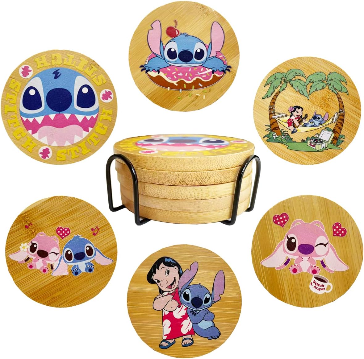 Stitch Coasters for Drinks, 6-Pack of Fun Coasters with Coaster Holders ...