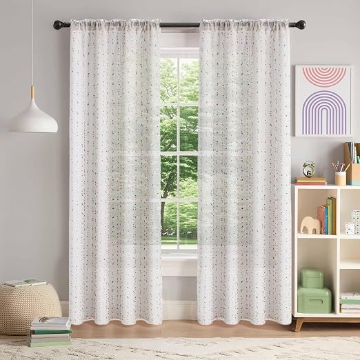 Amazon.com: KMSG Vintage Linen Sheer Curtains with Colorful Pom Pom for ...
