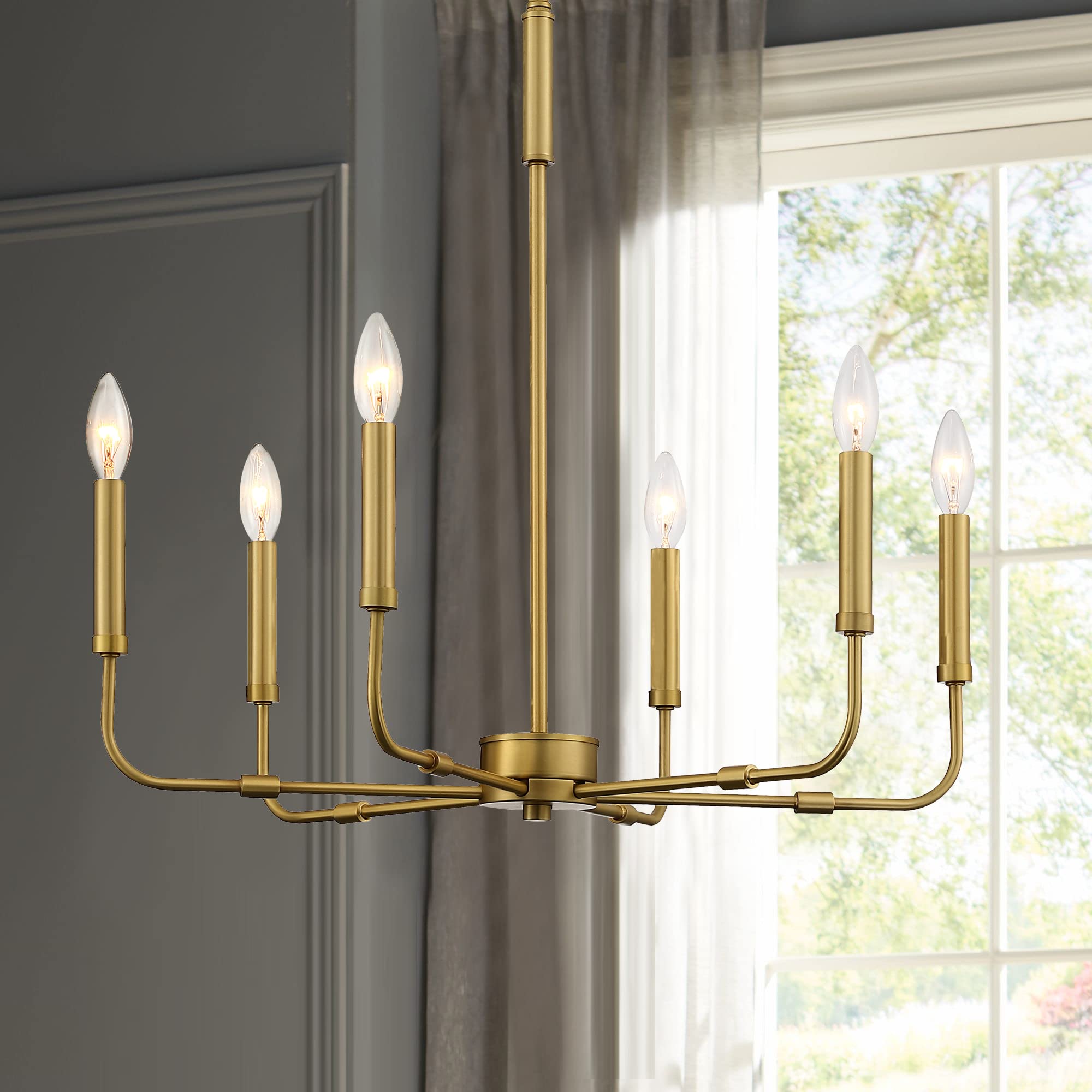 MOTINI Farmhouse Chandelier Brushed Brass Metal 6-Light Candle Pendant ...