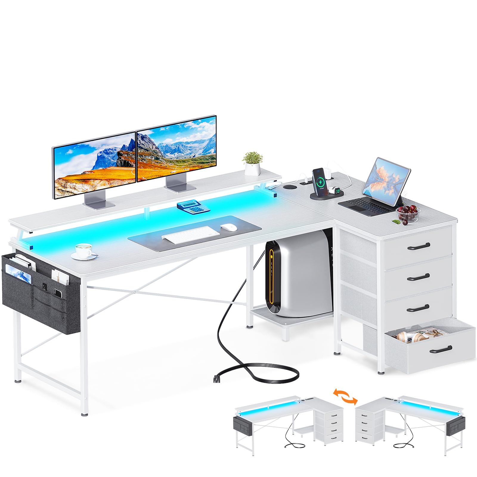 ODK L Shaped Desk with USB Charging Port & Power Outlet, White Desk 63 ...