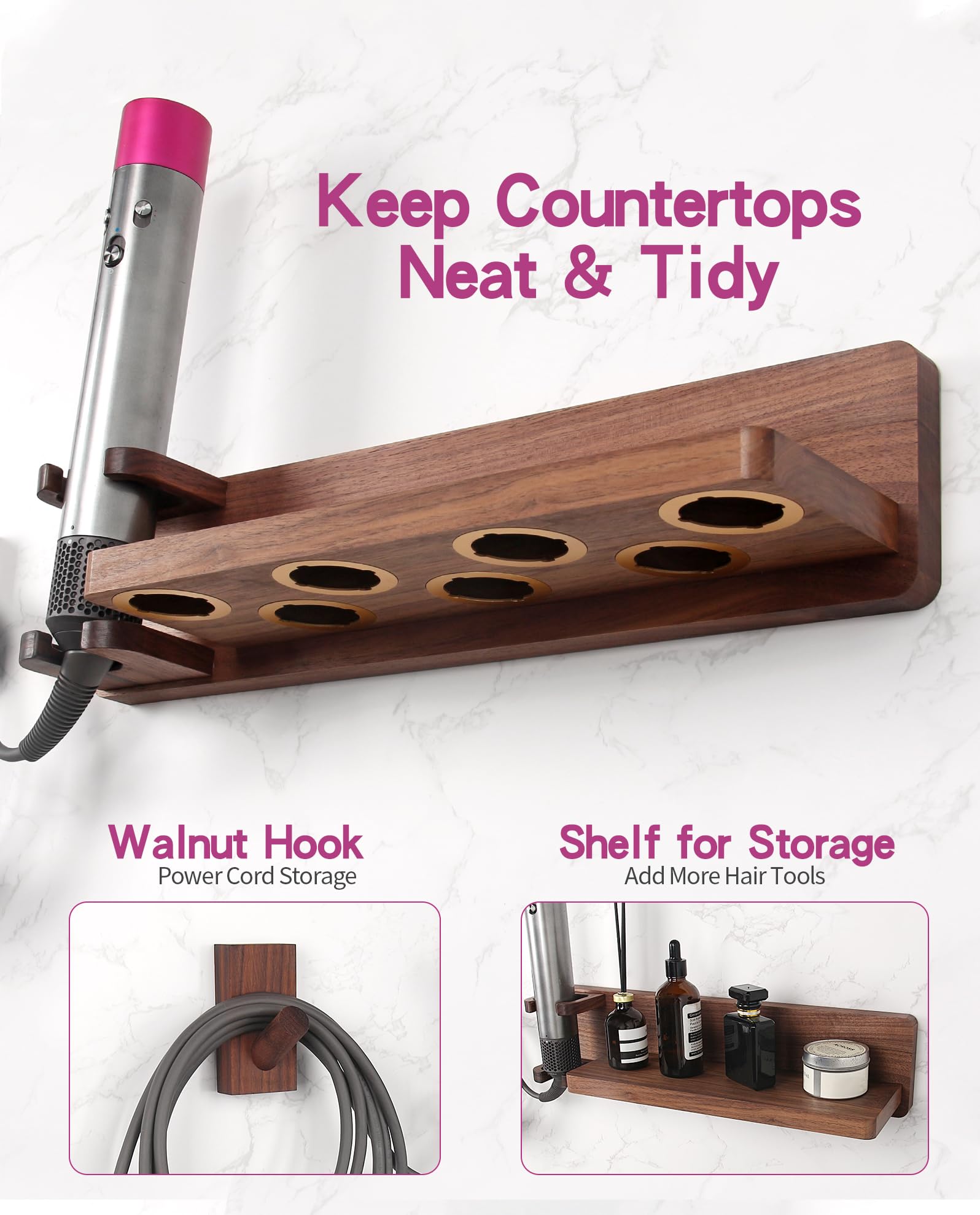 Affogato Walnut Storage Holder Compatible with Dyson Airwrap Wall Mount ...