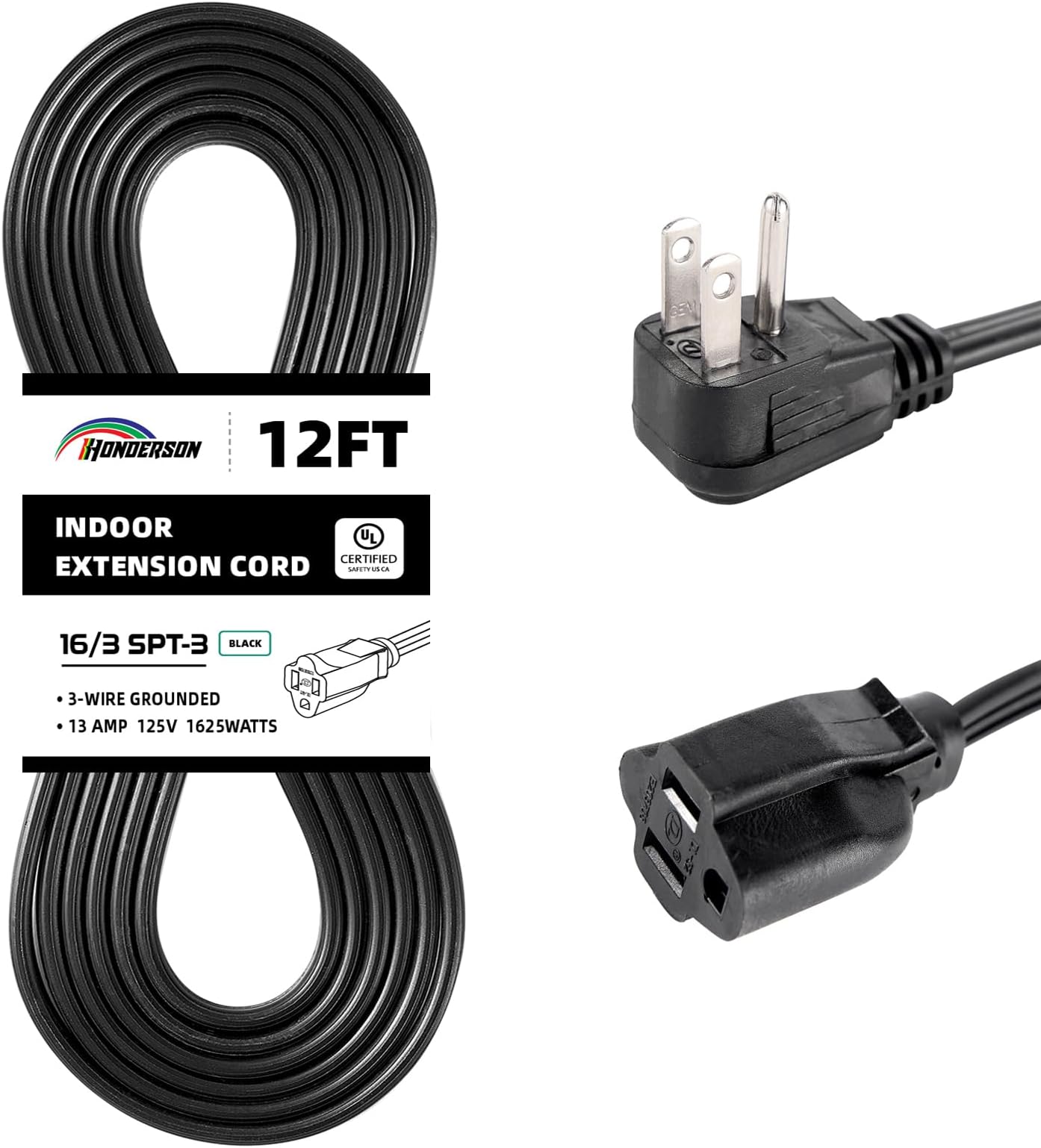 Amazon.com: HONDERONS 12FT Black Flat Plug Extension Cord, 16/3 SPT-3 ...