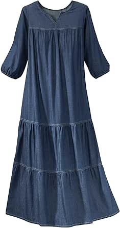 National Womens 3/4 Sleeve Tiered Denim Dress Extra Soft Stretch Cotton ...