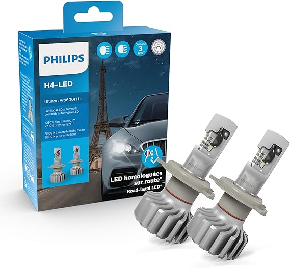 PHILIPS 2 Ampoules Voiture H4 Led Ultinon U6001 Homologuées, 5.800K ...