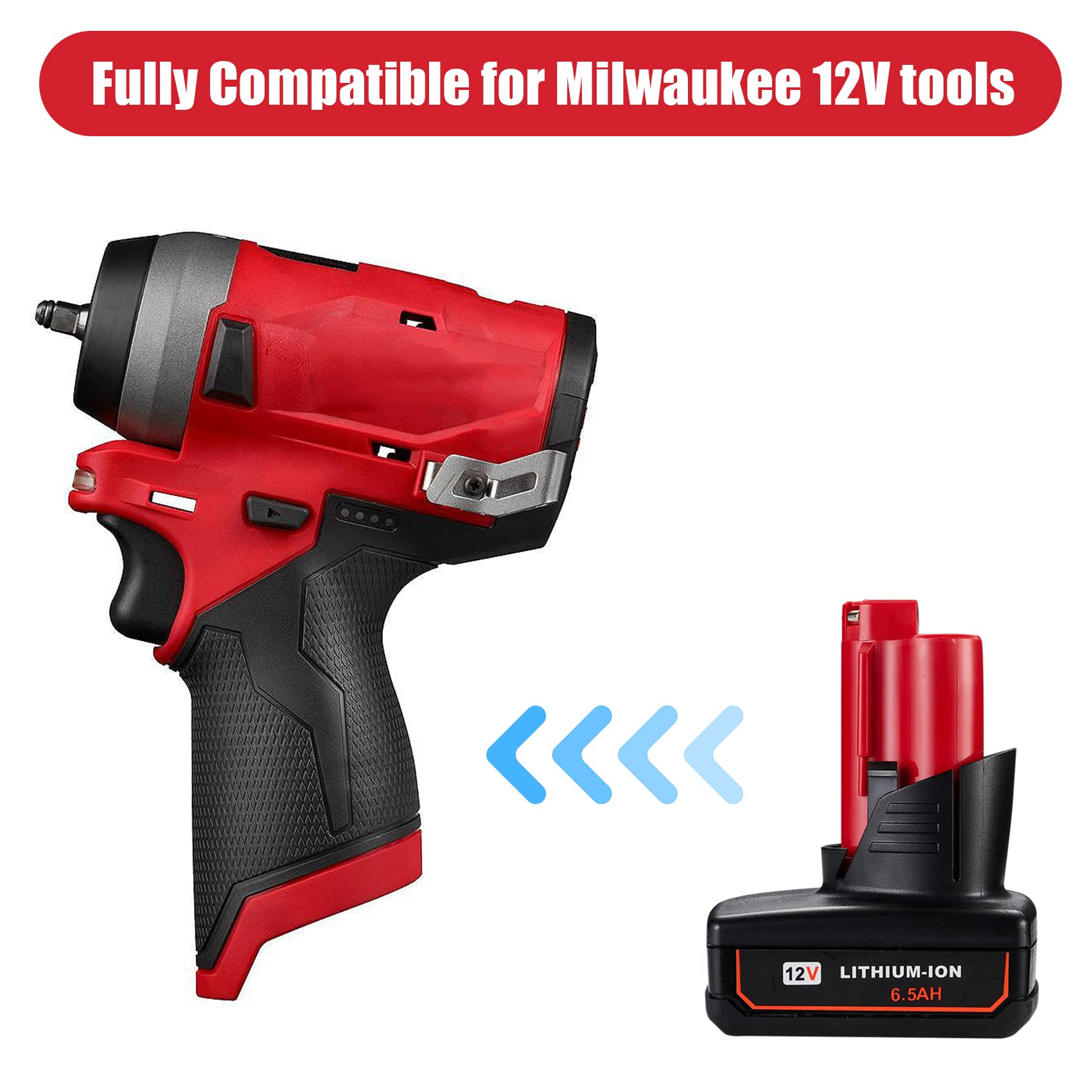 KUNLUN 2Pack 6.5Ah 12V Lithium Battery for Milwaukee M12 12V Battery ...