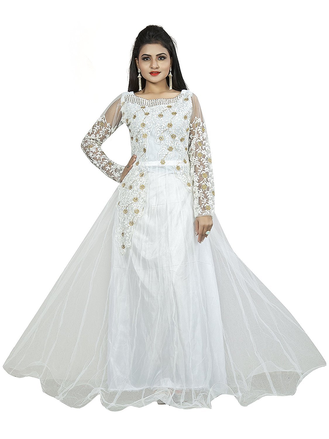 Buy Divine International Women's White Net Gown with Embroidery Work ...