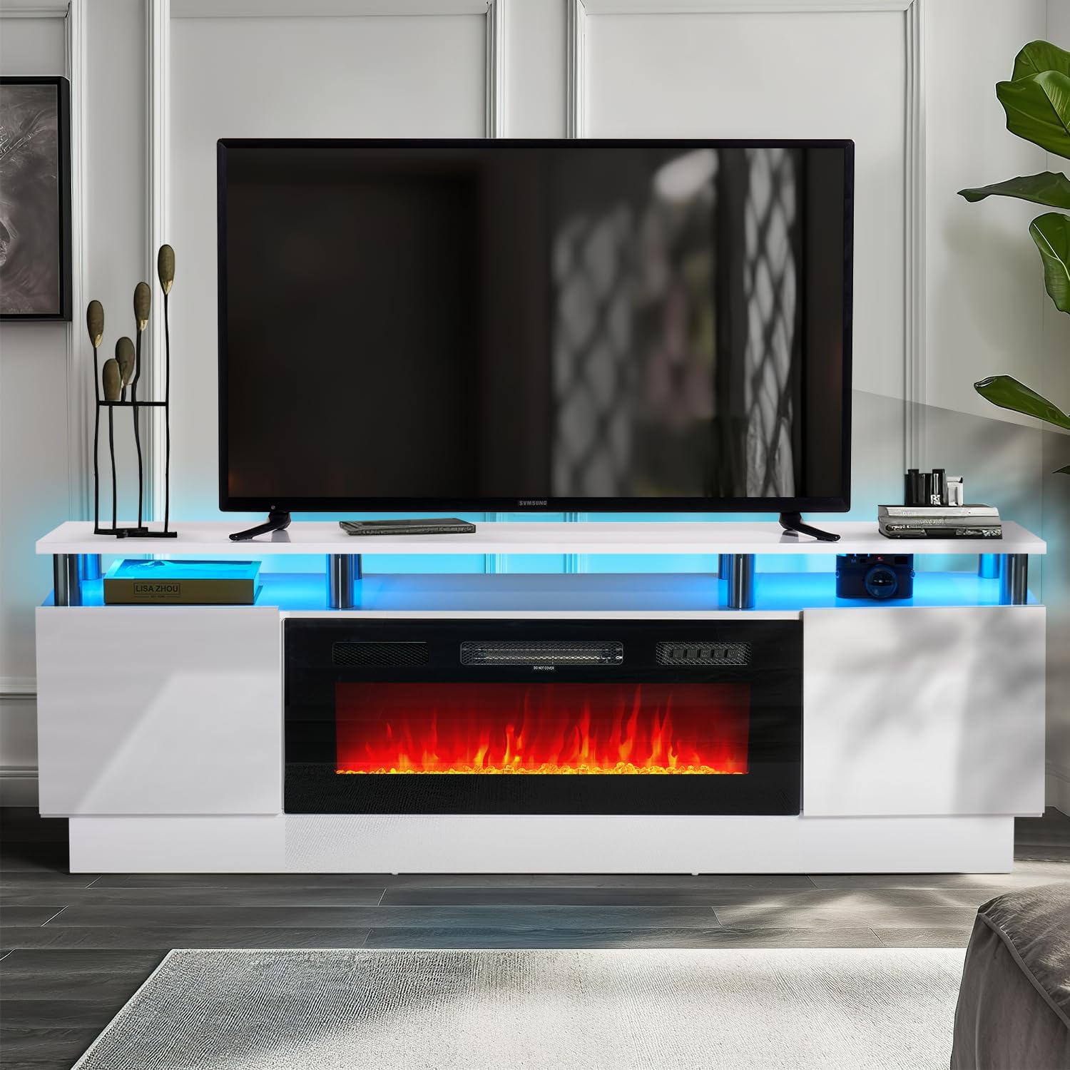 Amazon.com: JXQTLINGMU 3-Sided Glass Fireplace TV Stand for 75 Inch TV ...