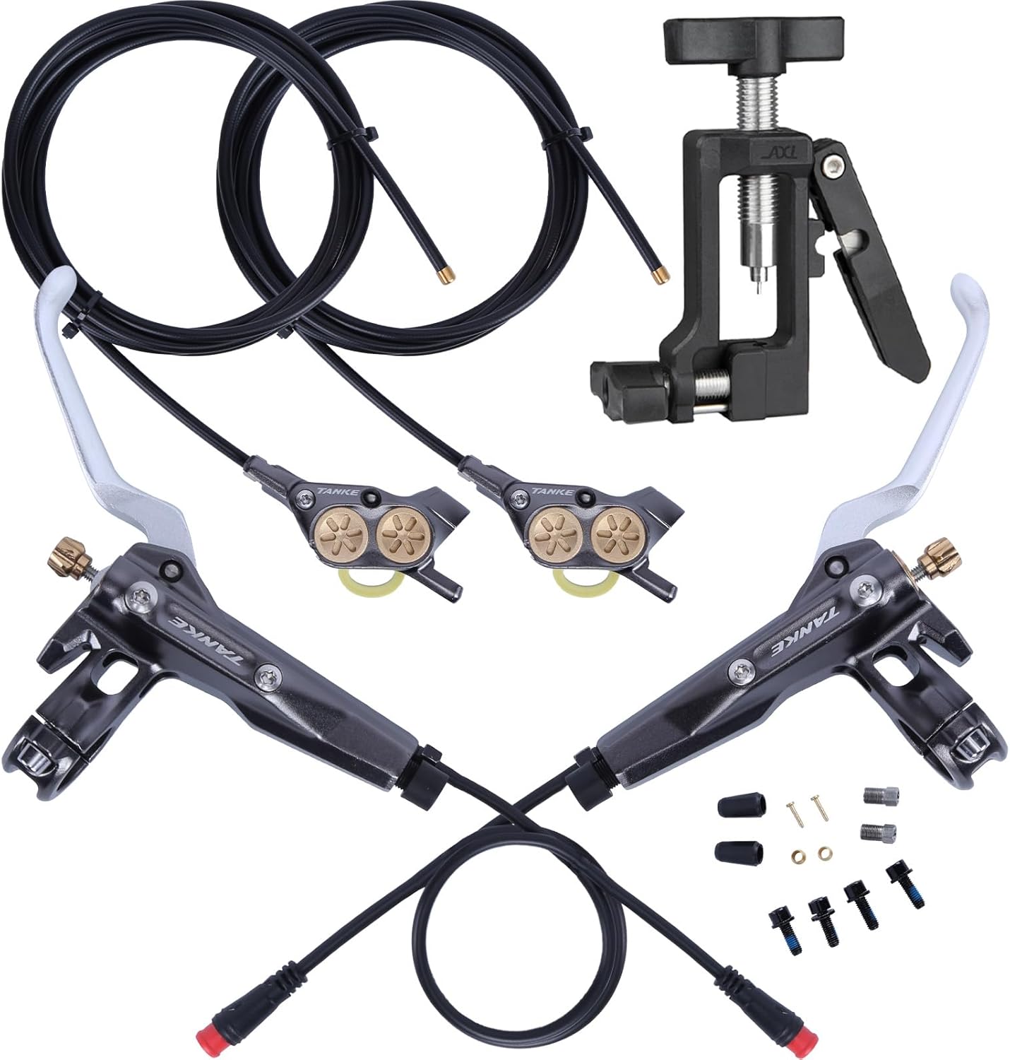 JFOYH 4 Pistons Electric Bike Hydraulic Disc Brake Set with Brake Tool Kit, EMTB Electric Power ...