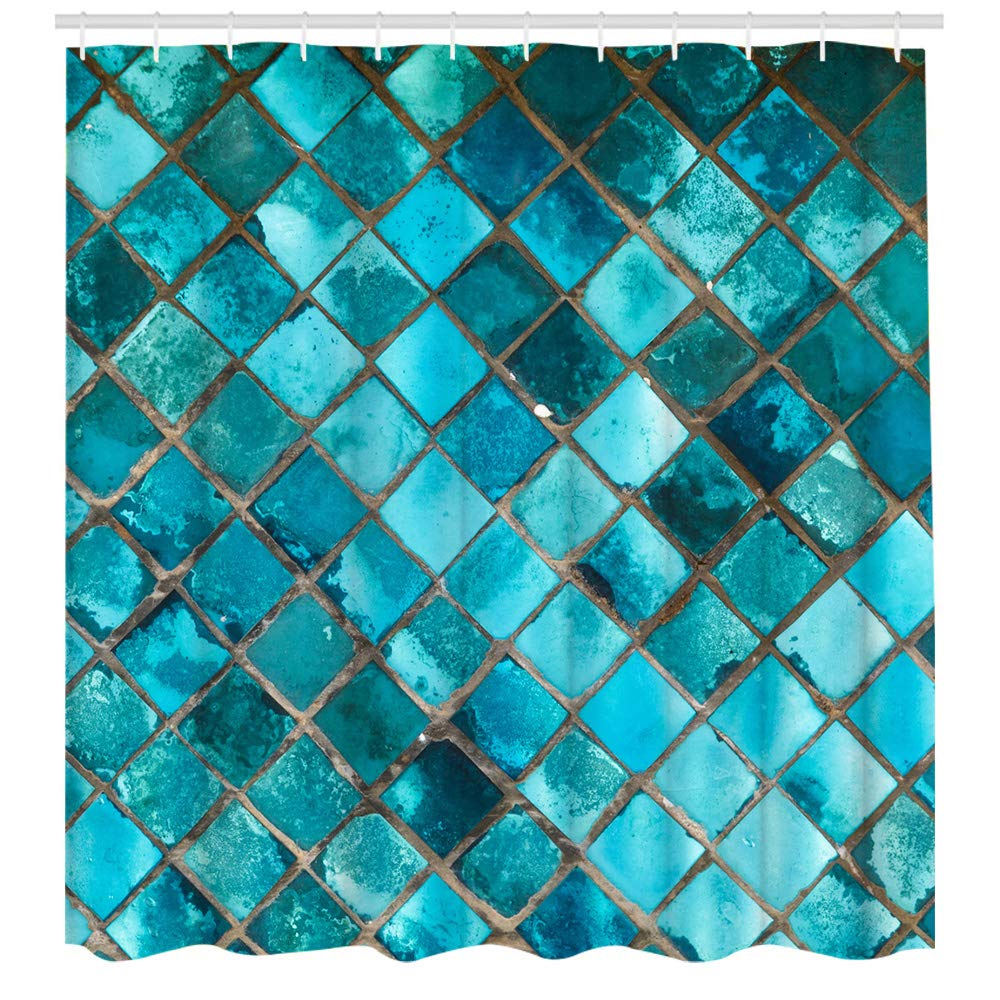 Amazon.com: LUKUY Turquoise Shower Curtain Geometric Rhombus Bathroom ...