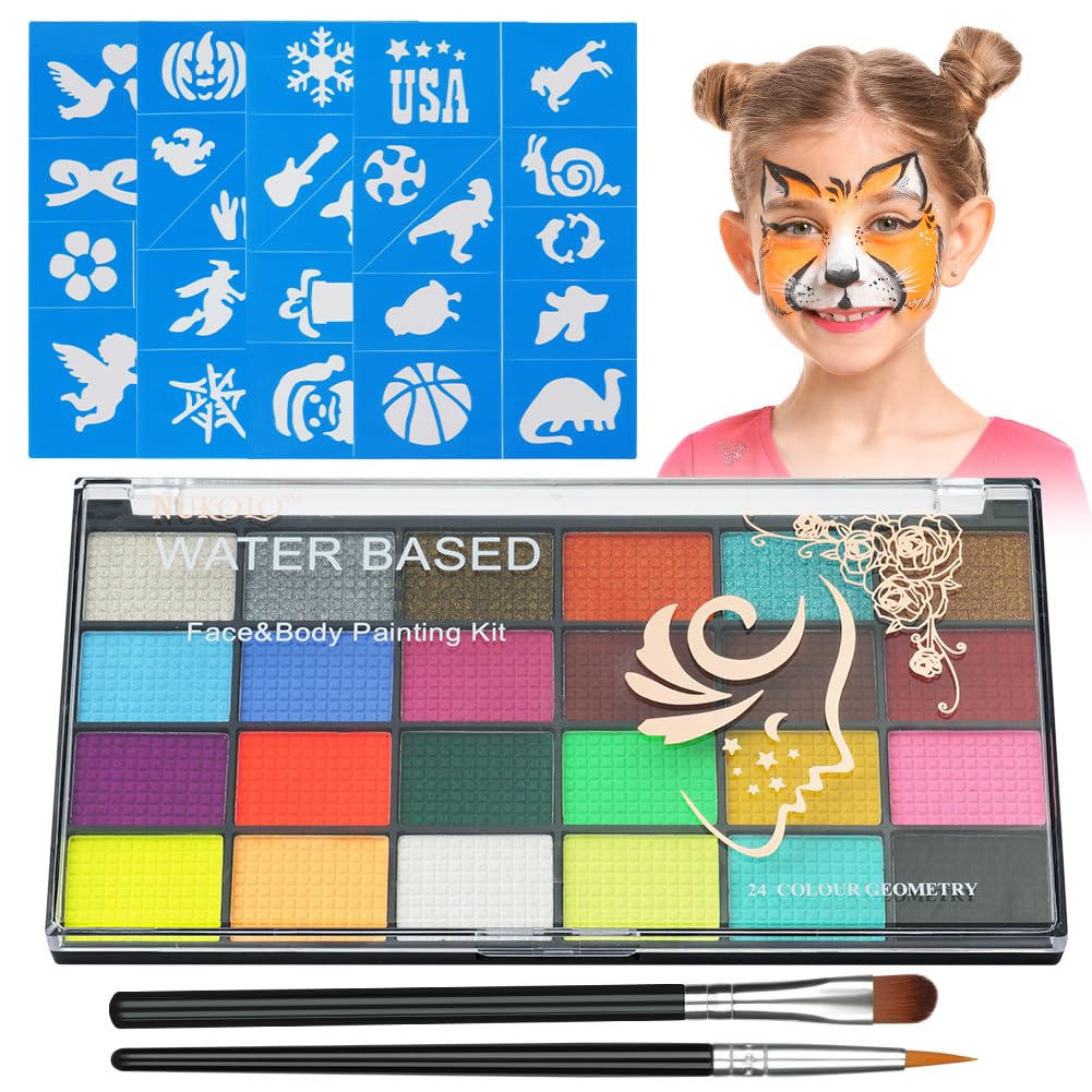 Aomig Face Paint Kit, 24 Color Face Painting Palette with 40 Stencils ...