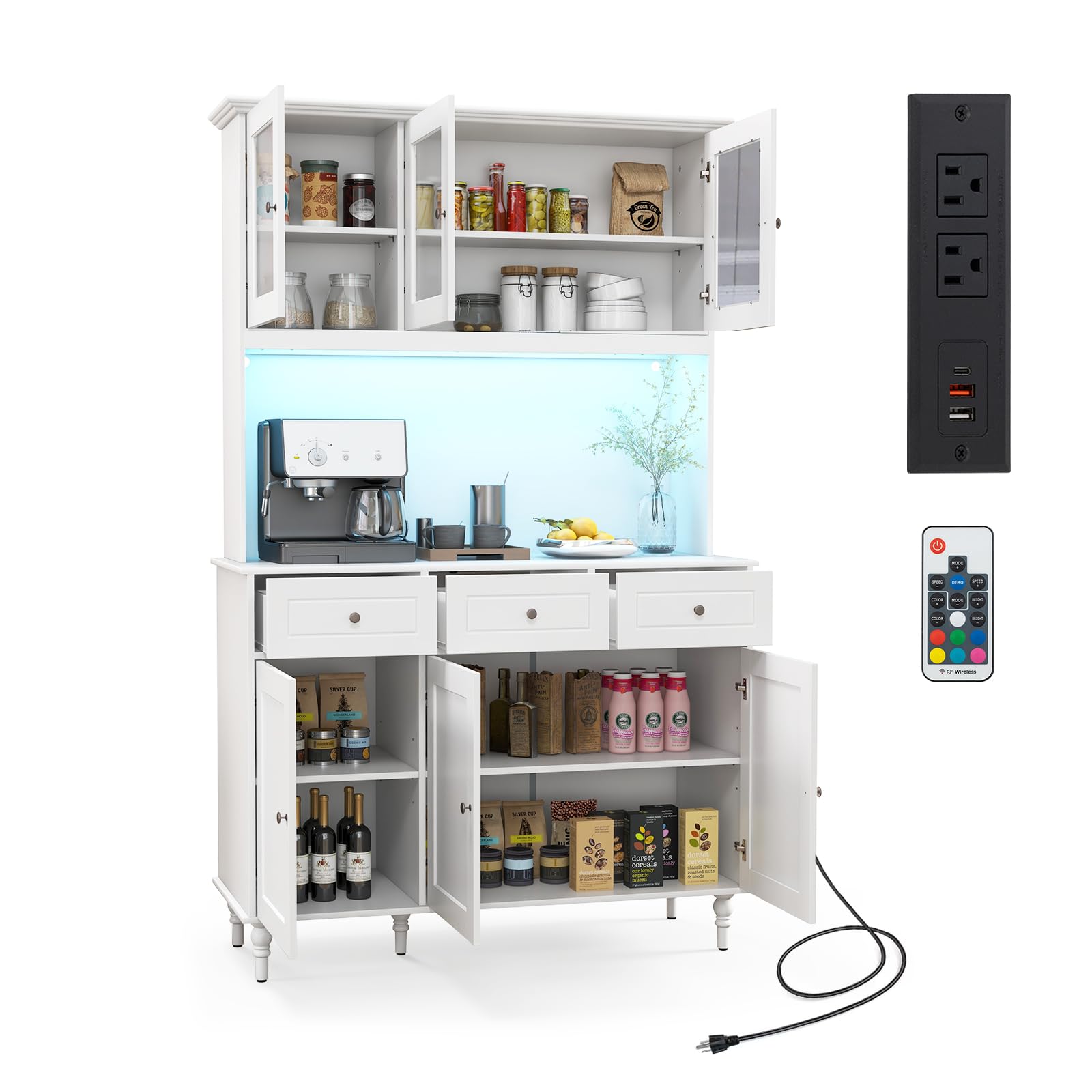 SILKYDRY 77" Large Kitchen Hutch with Charging Station, LED Pantry ...