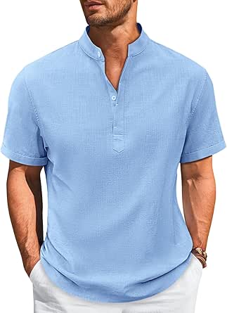 Runcati Mens Cotton Henley T-Shirts Short Sleeve Linen Textured Casual Summer Beach Hippie Shirt ...