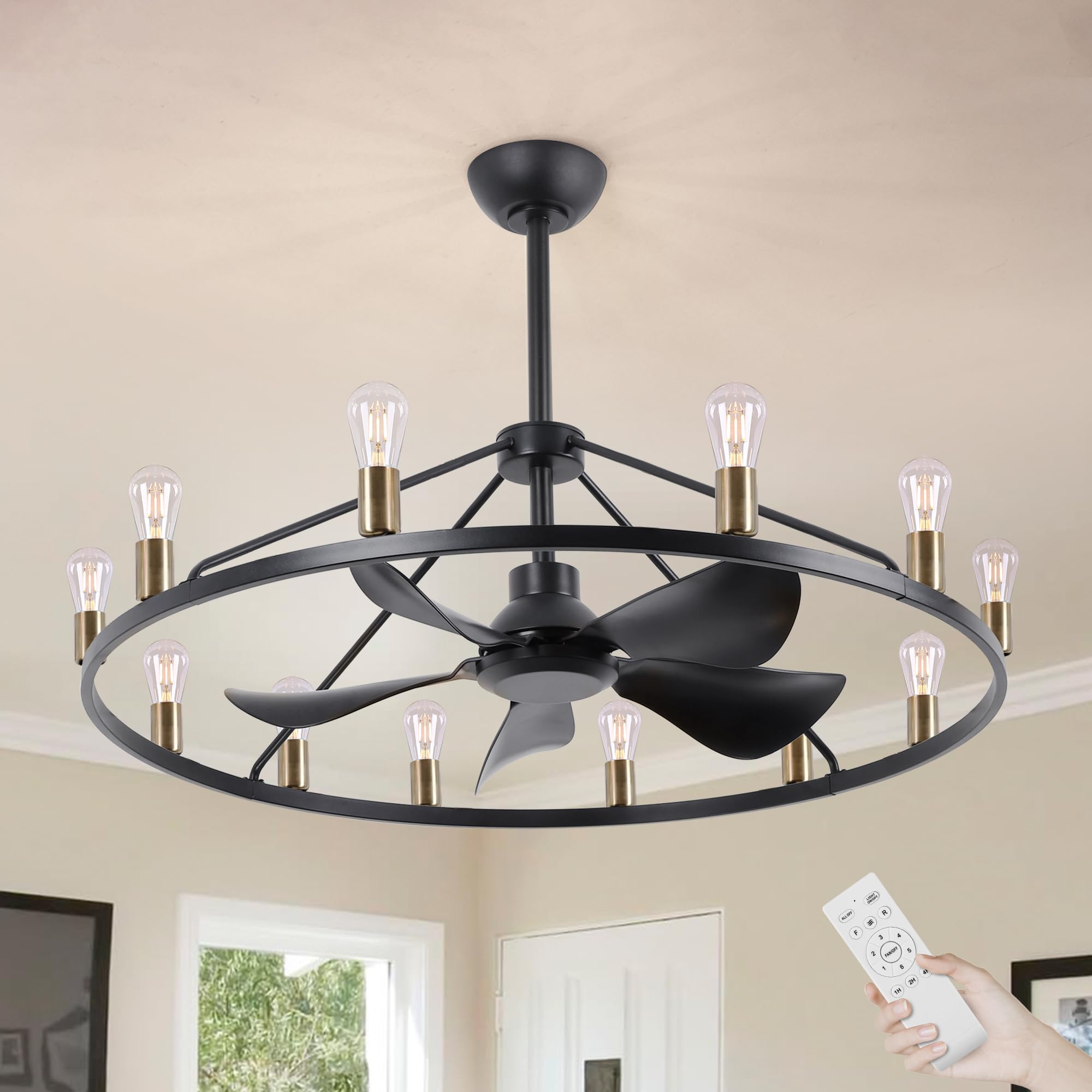 Miuyhji 44" Large Ceiling Fans with Lights Wagon Wheel Chandelier Black ...