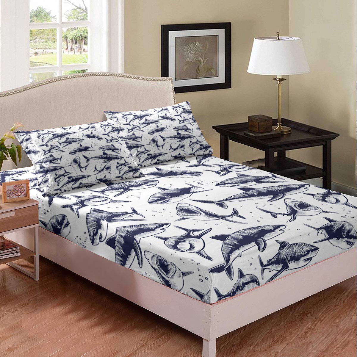 Erosebridal Shark Fitted Sheet Deep Pocket Twin Size Ocean Life Bedding ...