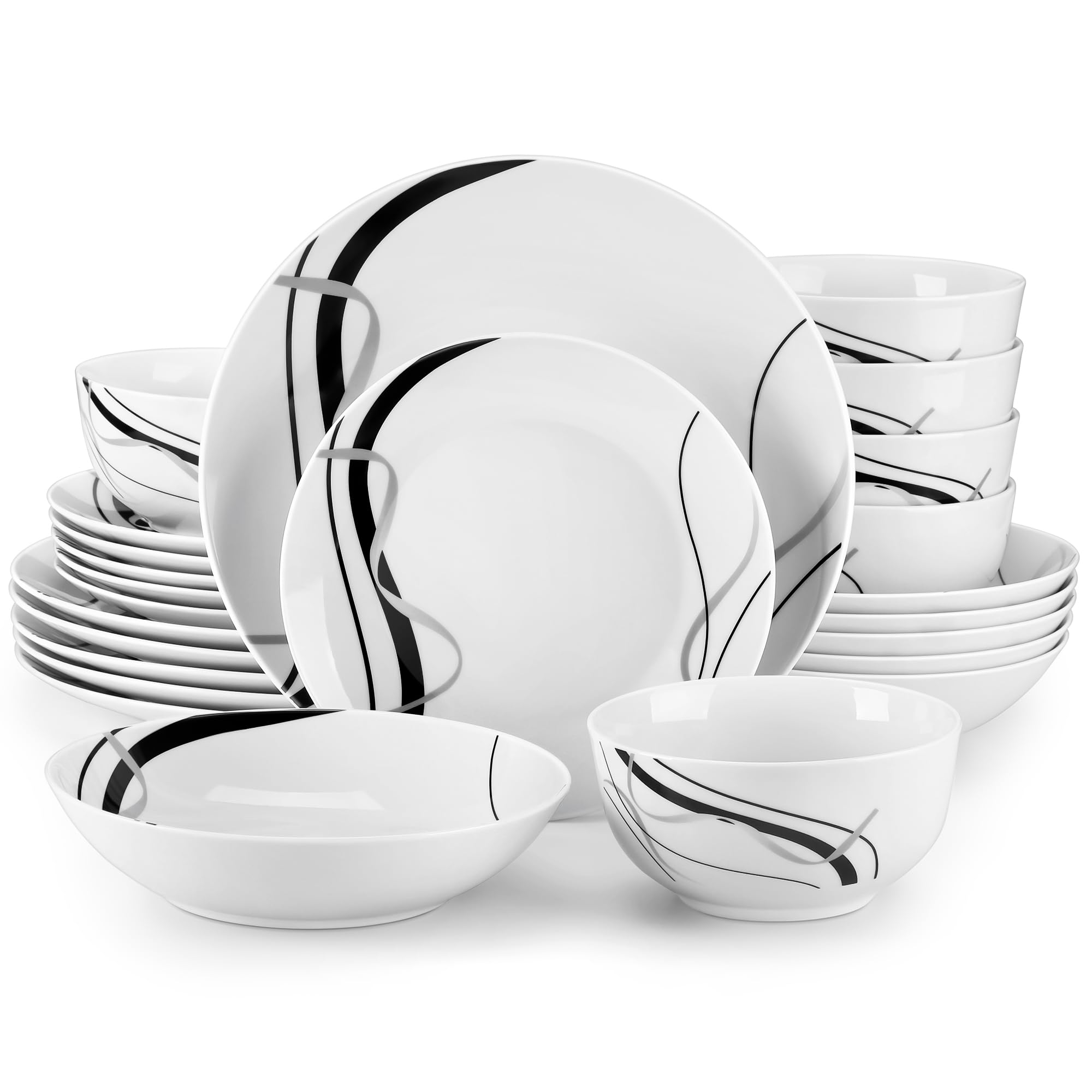 VEWEET Porcelain Dinnerware Sets for 6, 24 Pieces Plates and Bowls Set ...