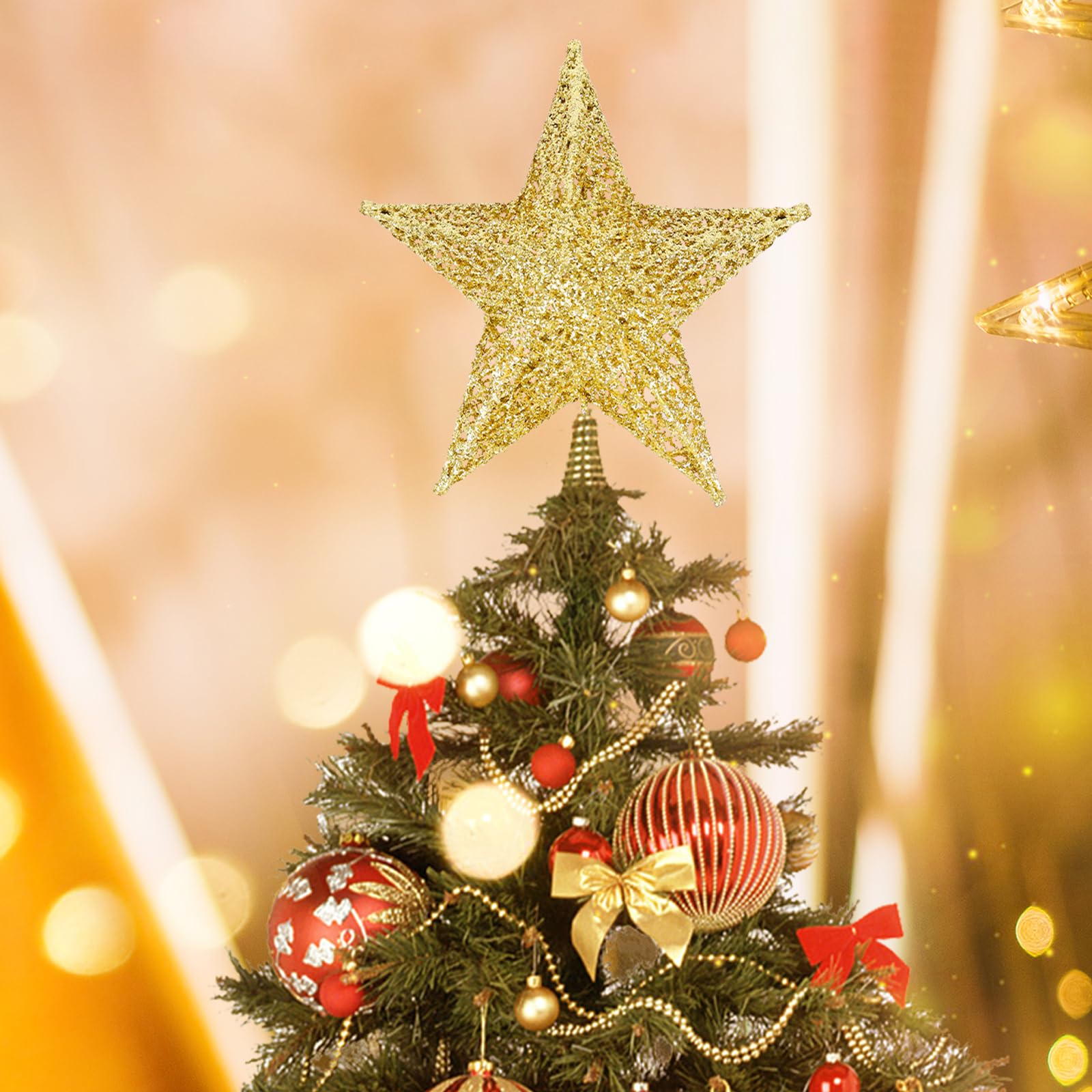 Filltown Christmas Tree Topper Star, 8 Inch Metal Gold Glittered Star ...