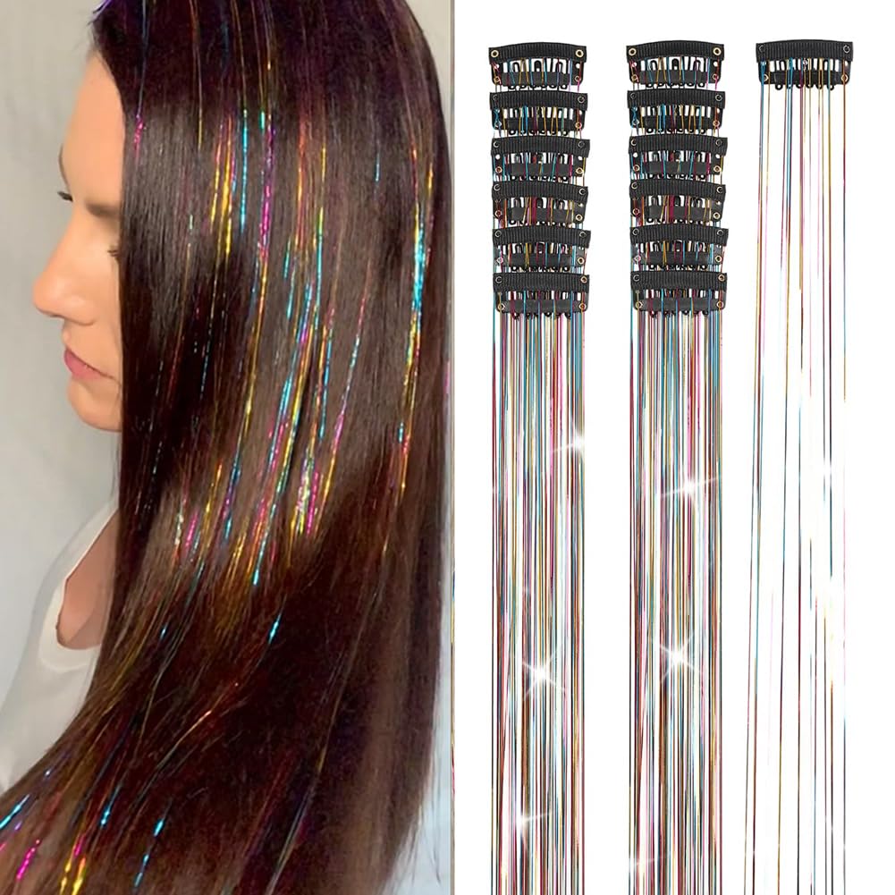 Amazon.com : Hair Tinsel 12Pcs Clip in Rainbow Hair Accessories 20.5 ...