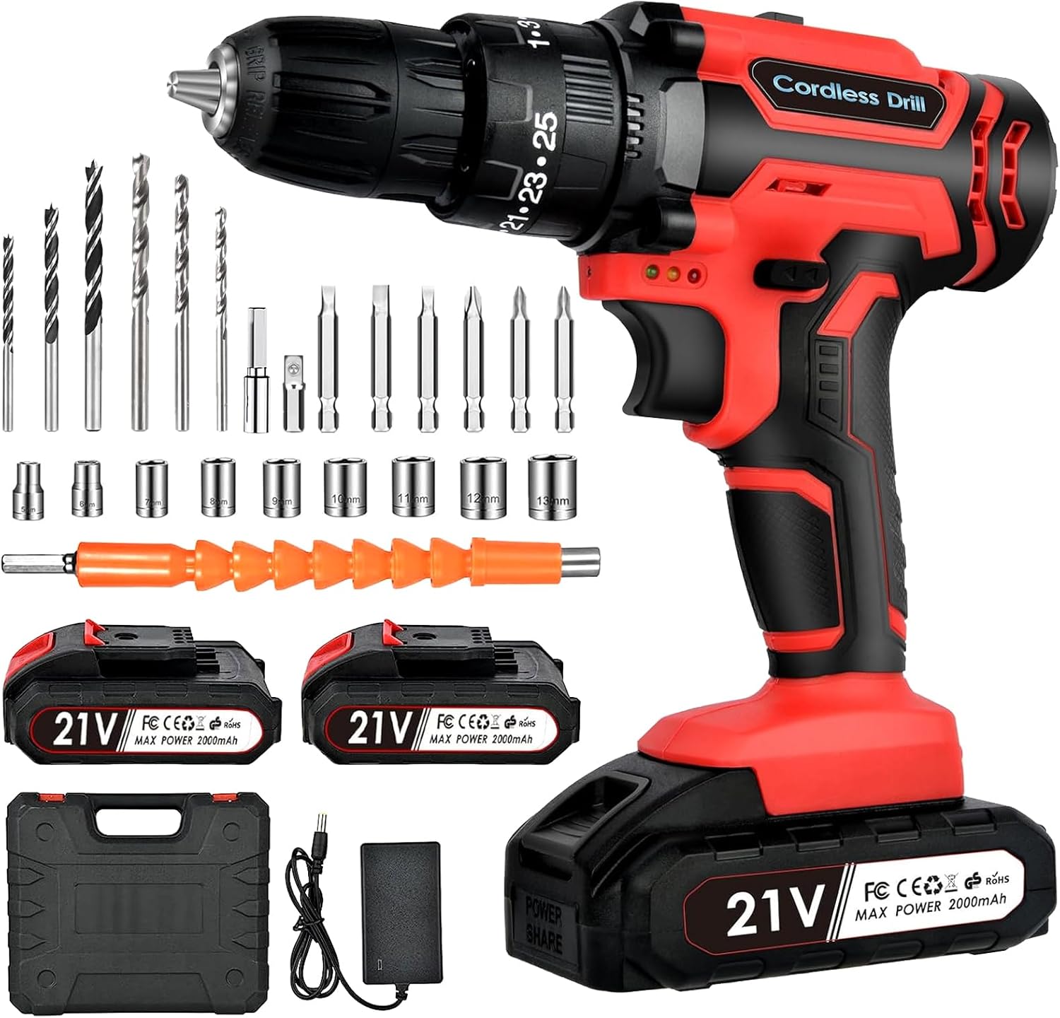 Cordless Drill Driver 21V: Powerful Cordless Drill Set with 2 Batteries ...