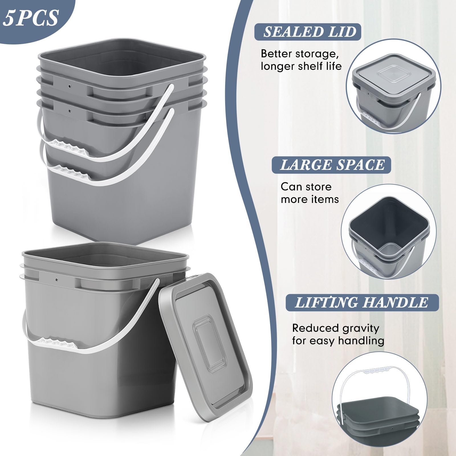 Dry Food Storage Buckets For Kitchen Mumufy 10-Pack 3.5 Gallon Square ...