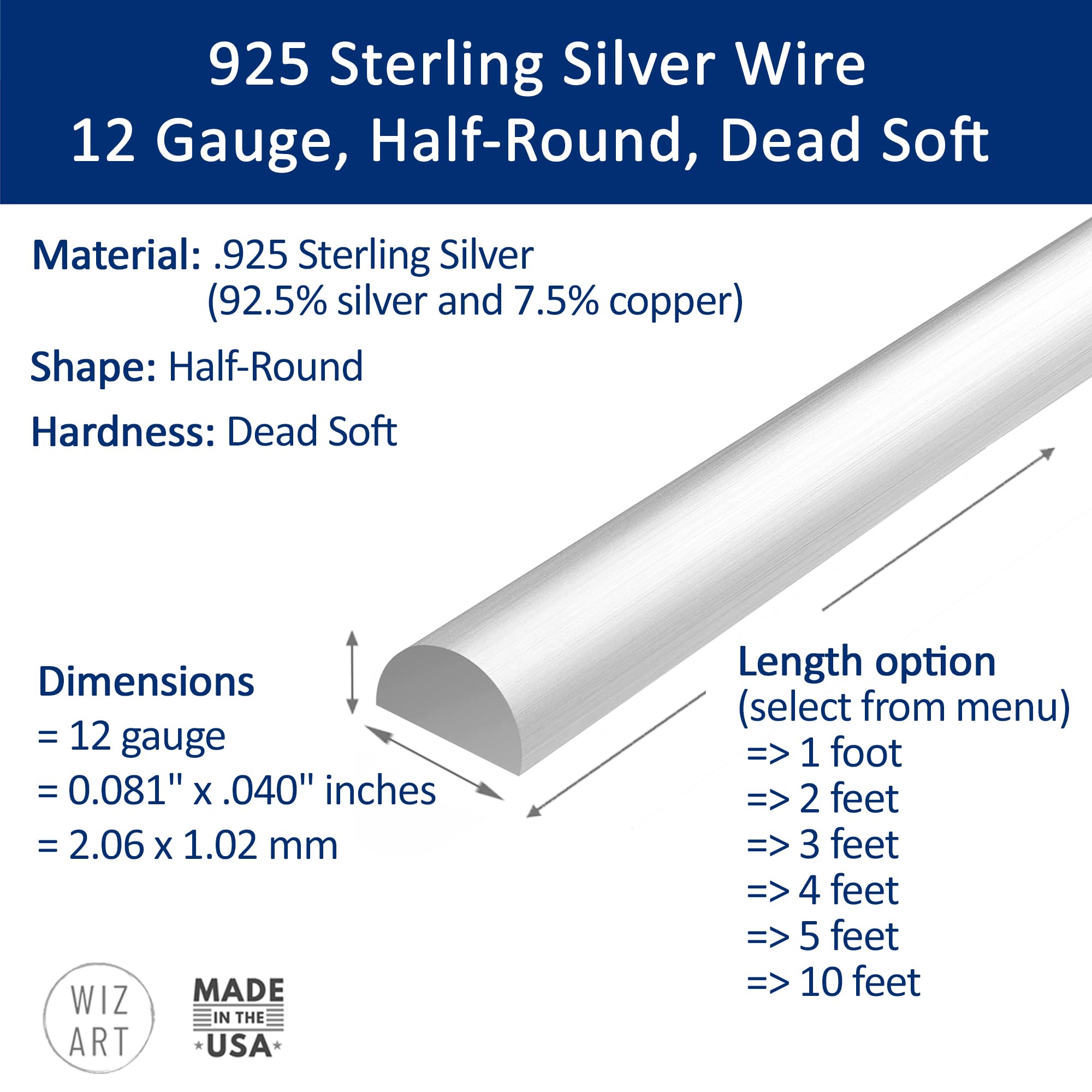 Snapklik.com : 12 Gauge, Half-Round, Dead Soft, 925 Sterling Silver Wire